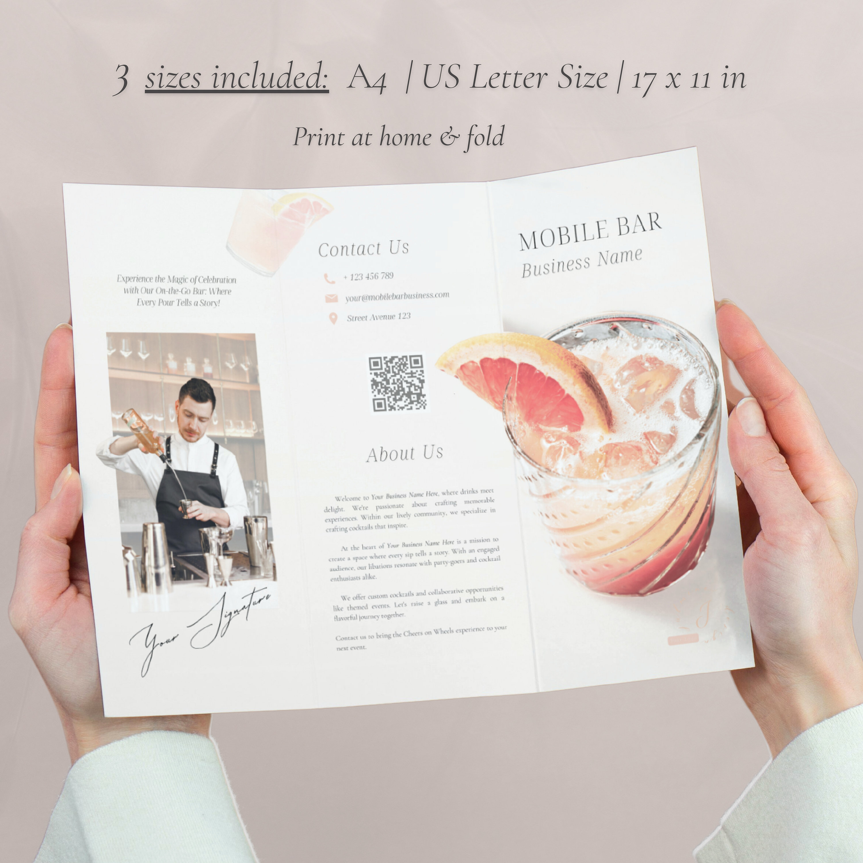 Mobile Bar Trifold Brochure Template, Editable Bartender Services ...