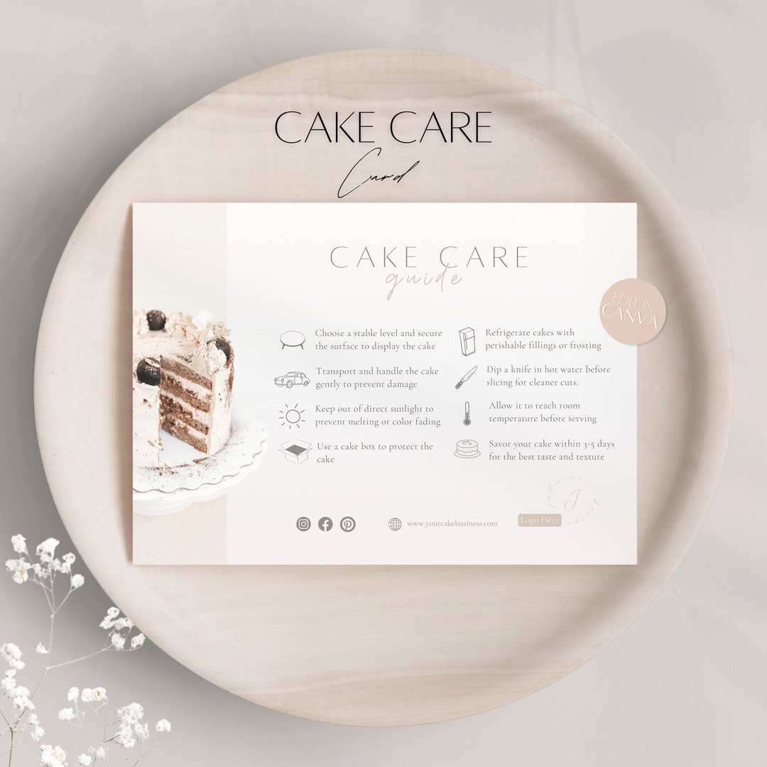 Cake Care Card Template, Instructions Card for Cakes, Professional ...