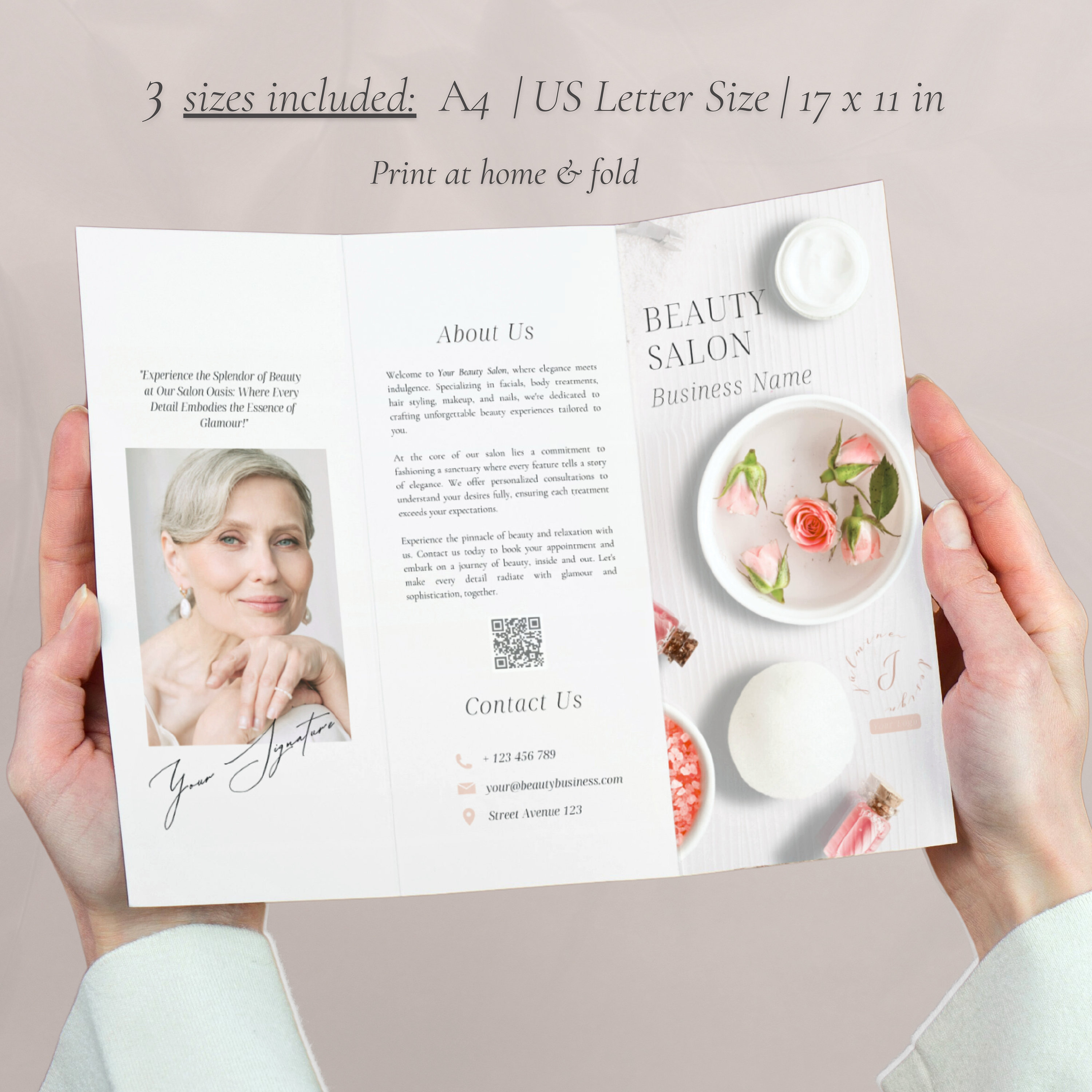 Beauty Salon Trifold Brochure Template, Editable Esthetician Booklet ...