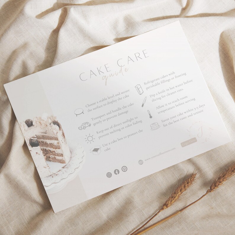 Cake Care Card Template, Instructions Card for Cakes, Professional ...
