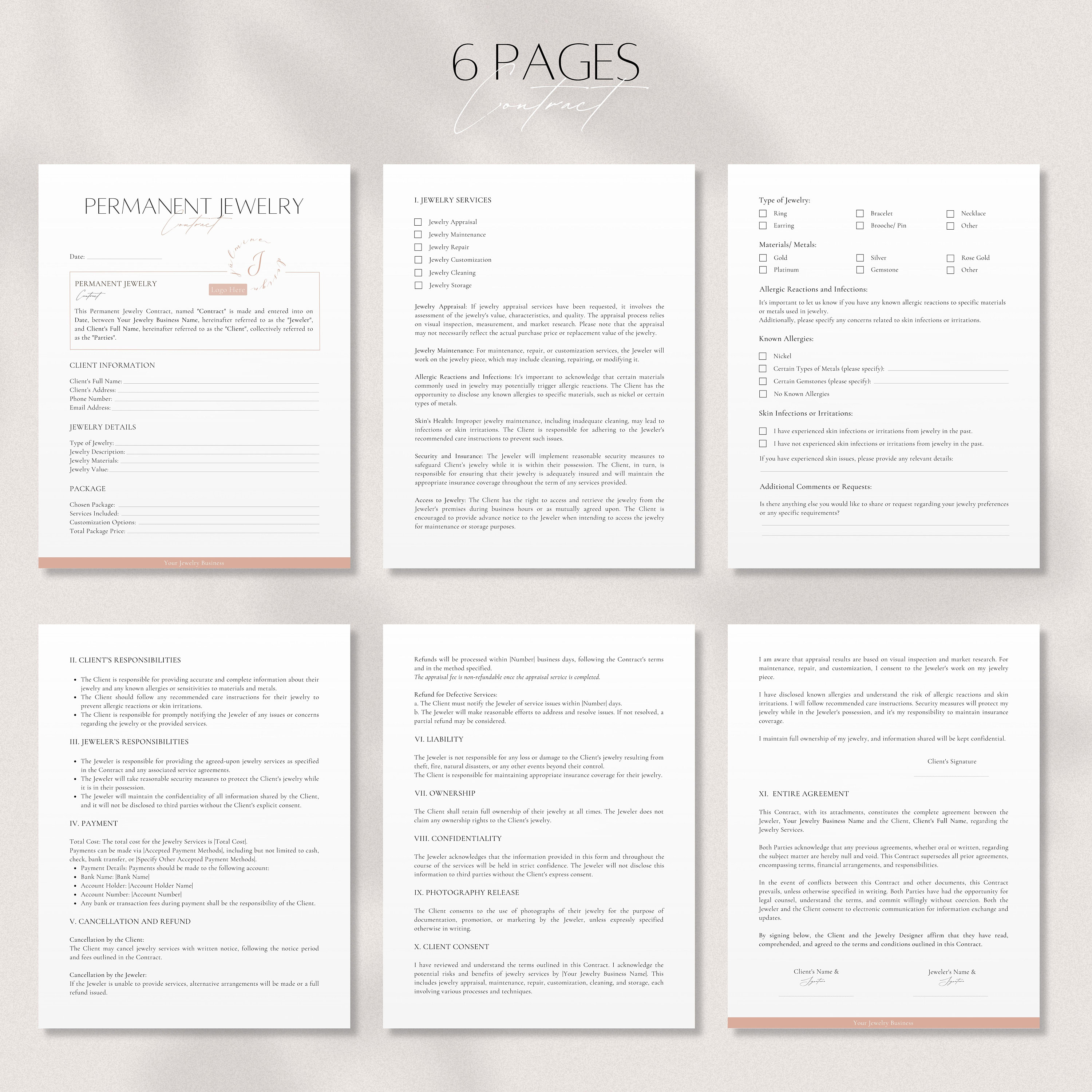 Permanent Jewelry Contract Template, Editable Jewelry Business Contract ...