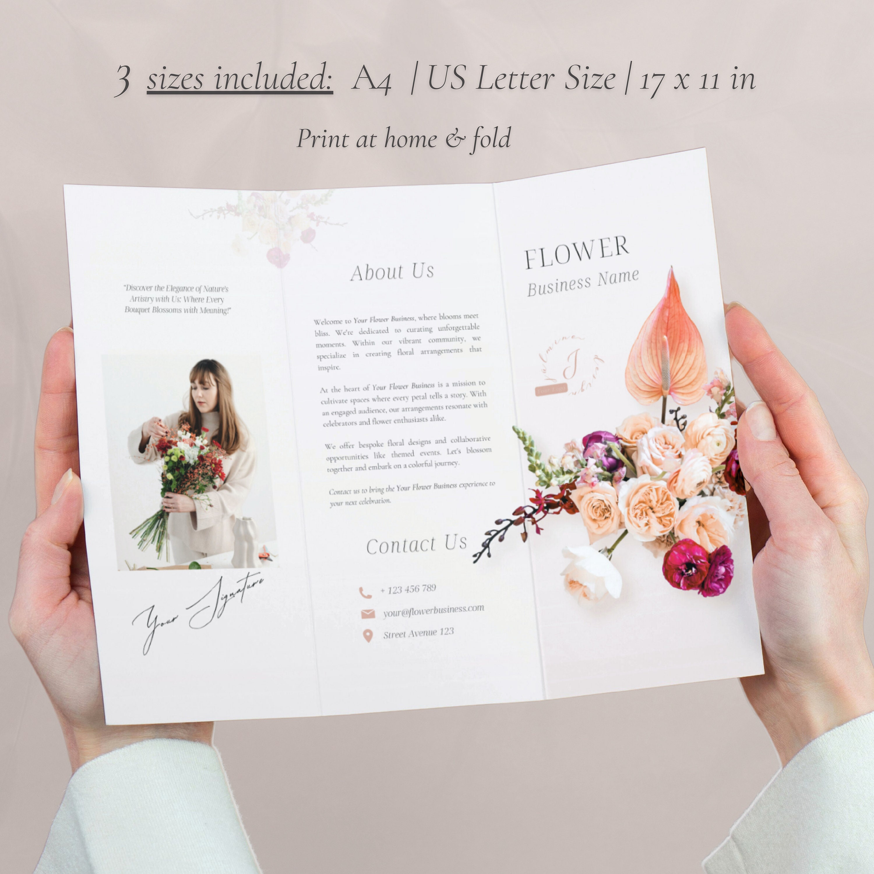Florist Trifold Brochure Template, Editable Floral Services Booklet ...