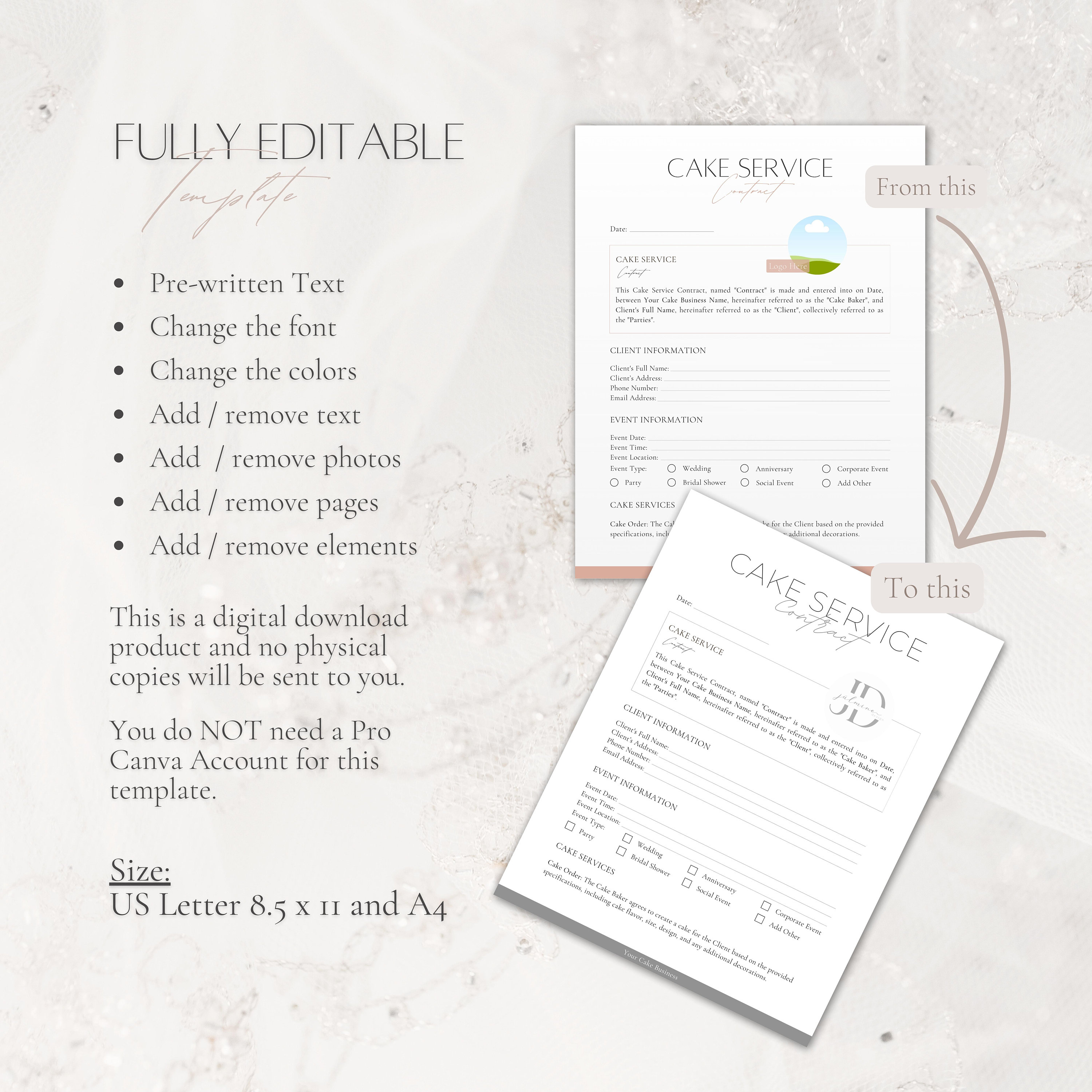 Cake Service Contract Template, Editable Bakery Business Canva Form ...