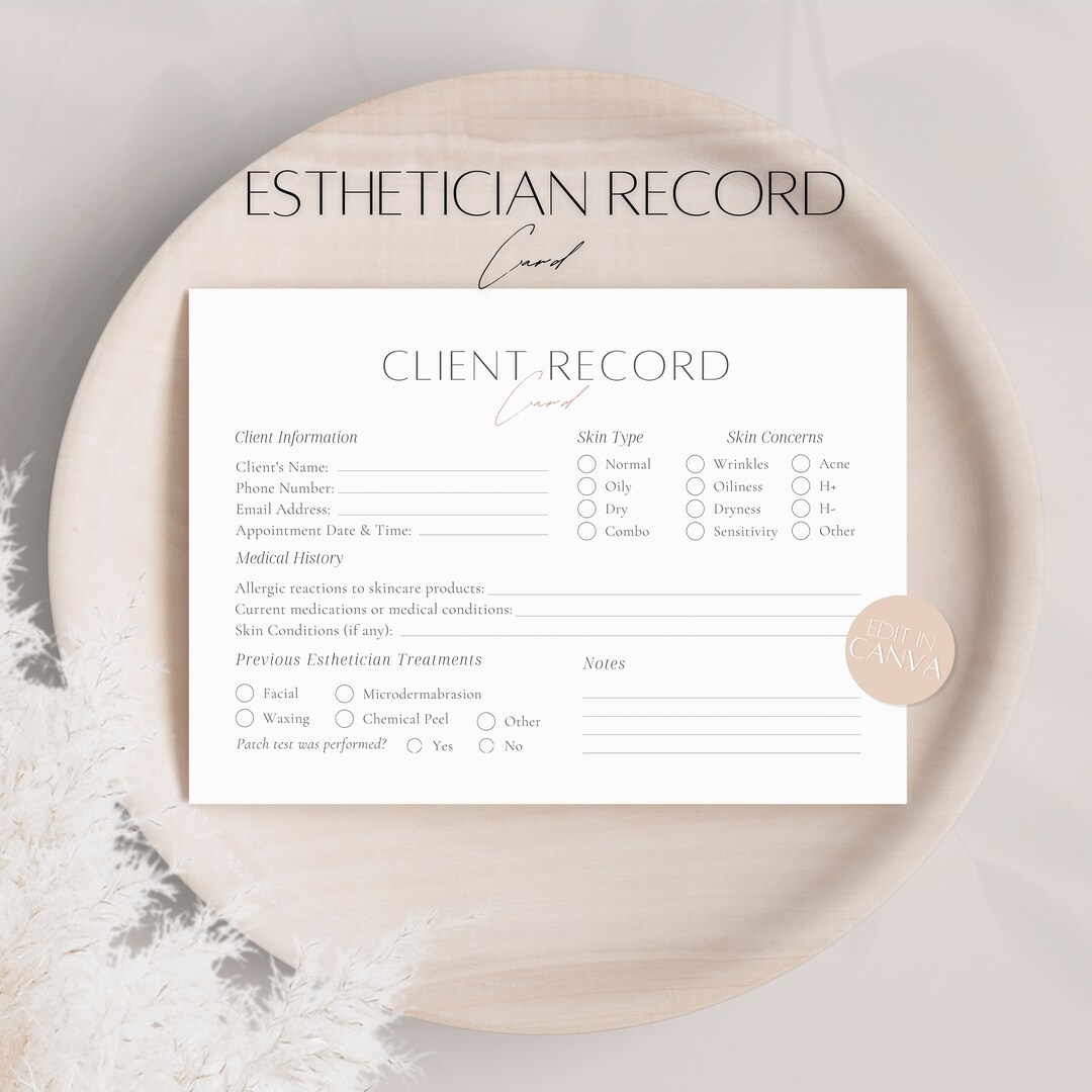 Esthetician Client Record Card Template, Editable Beauty Service ...
