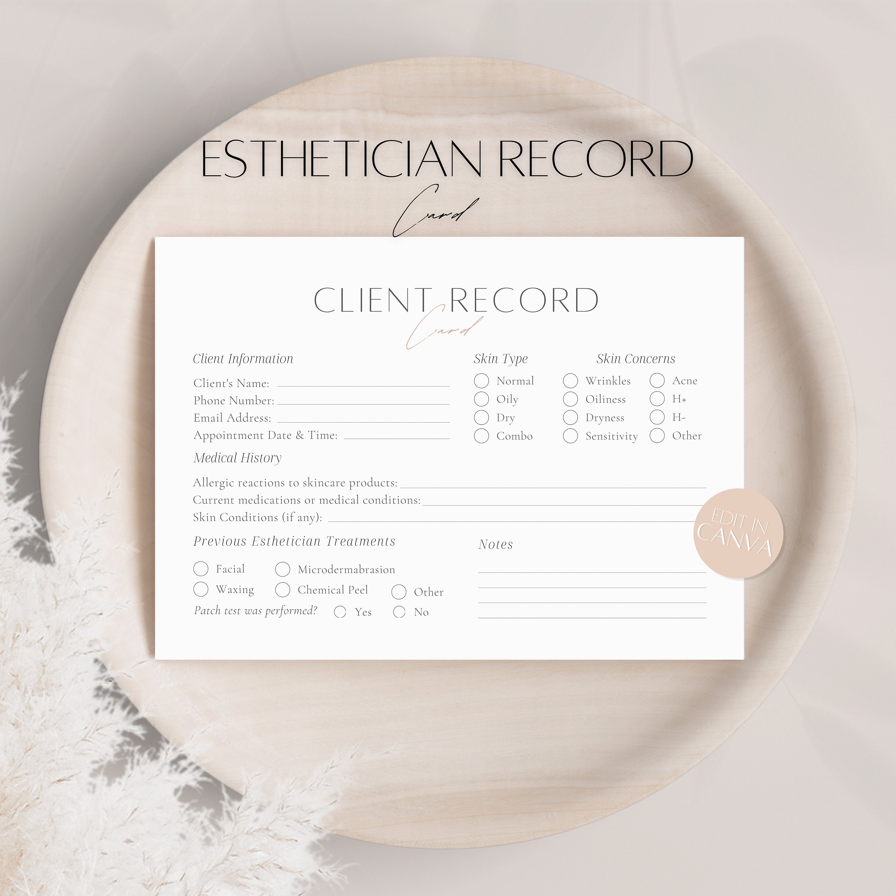 Esthetician Client Record Card Template, Editable Beauty Service ...