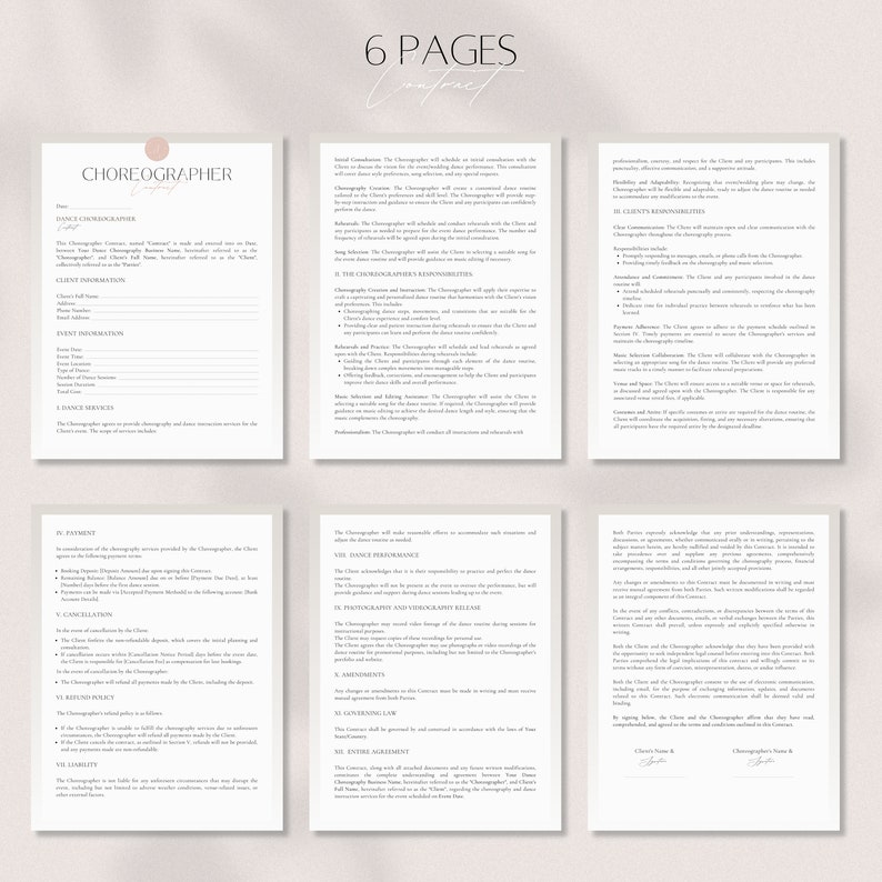 Dance Choreographer Contract Template, Dance Services Contract, Professional Client Service ...