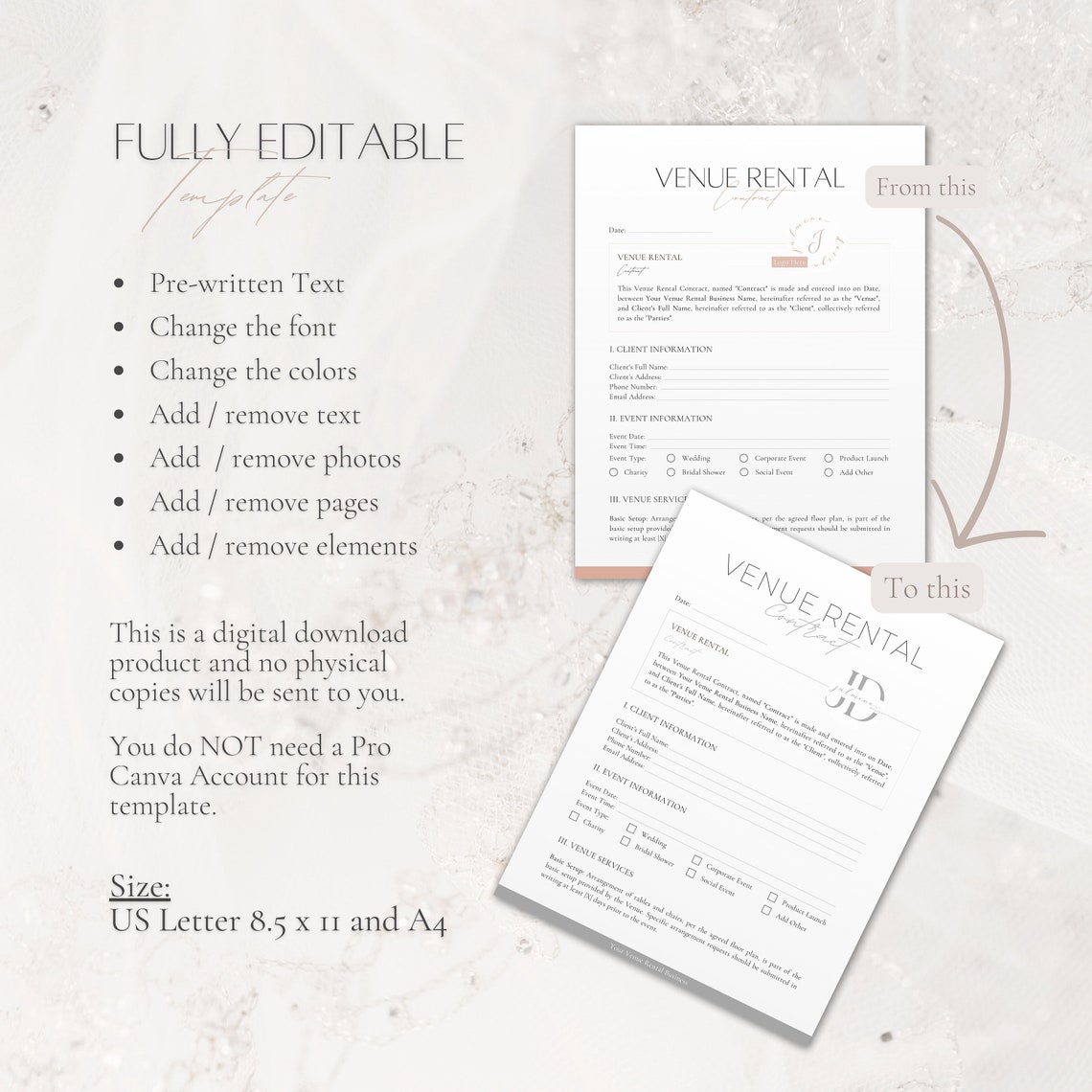 Venue Rental Contract Template, Editable Wedding Venue Contract ...