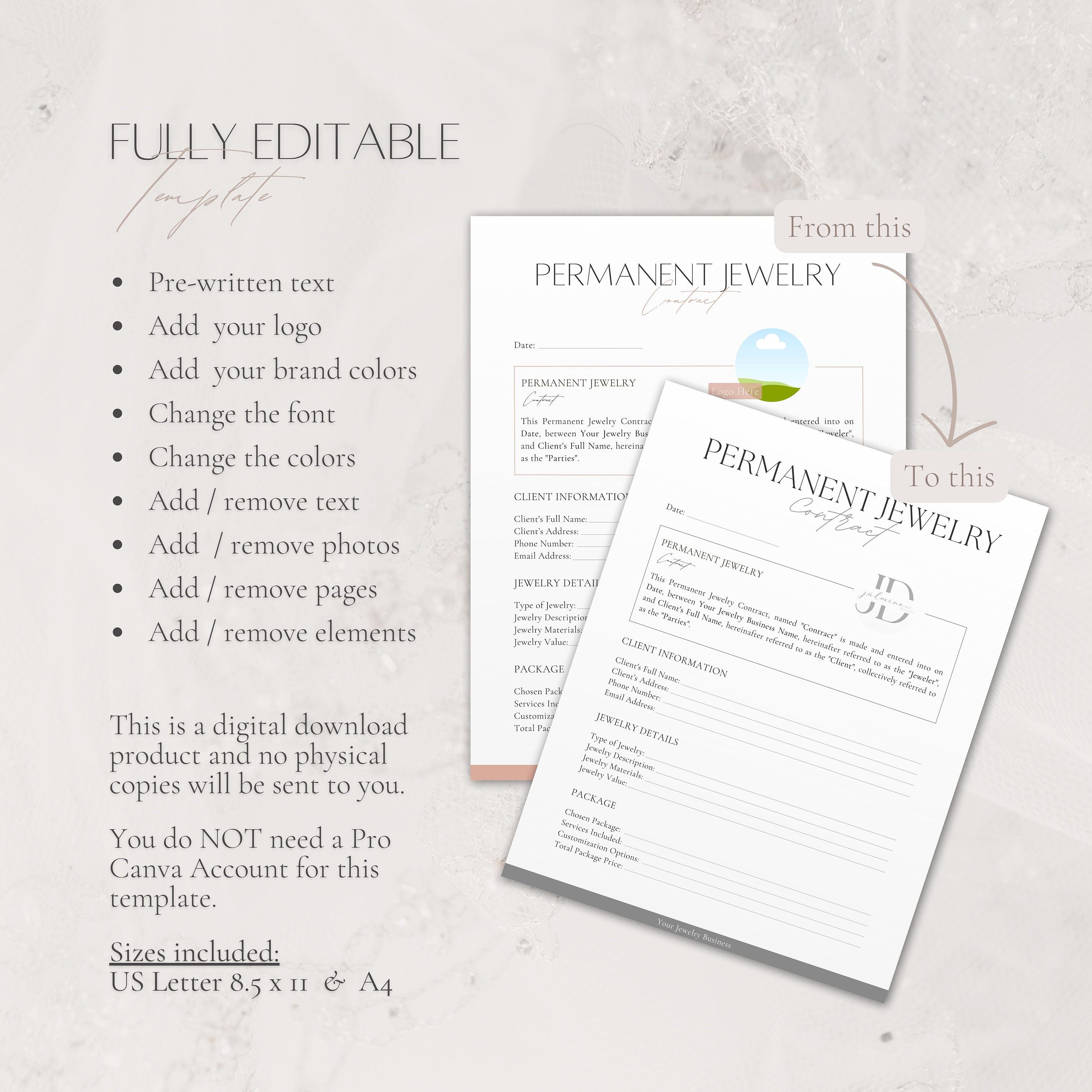 Permanent Jewelry Contract Template, Editable Jewelry Business Contract ...