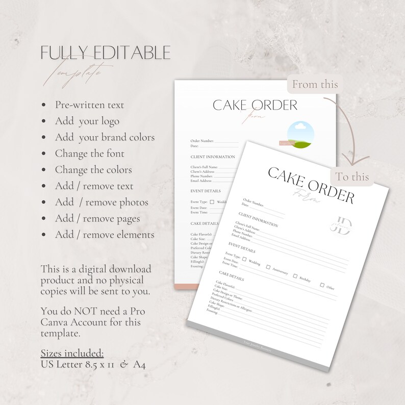 Client Cake Order Form, Editable, Printable Bakery Order Worksheet ...