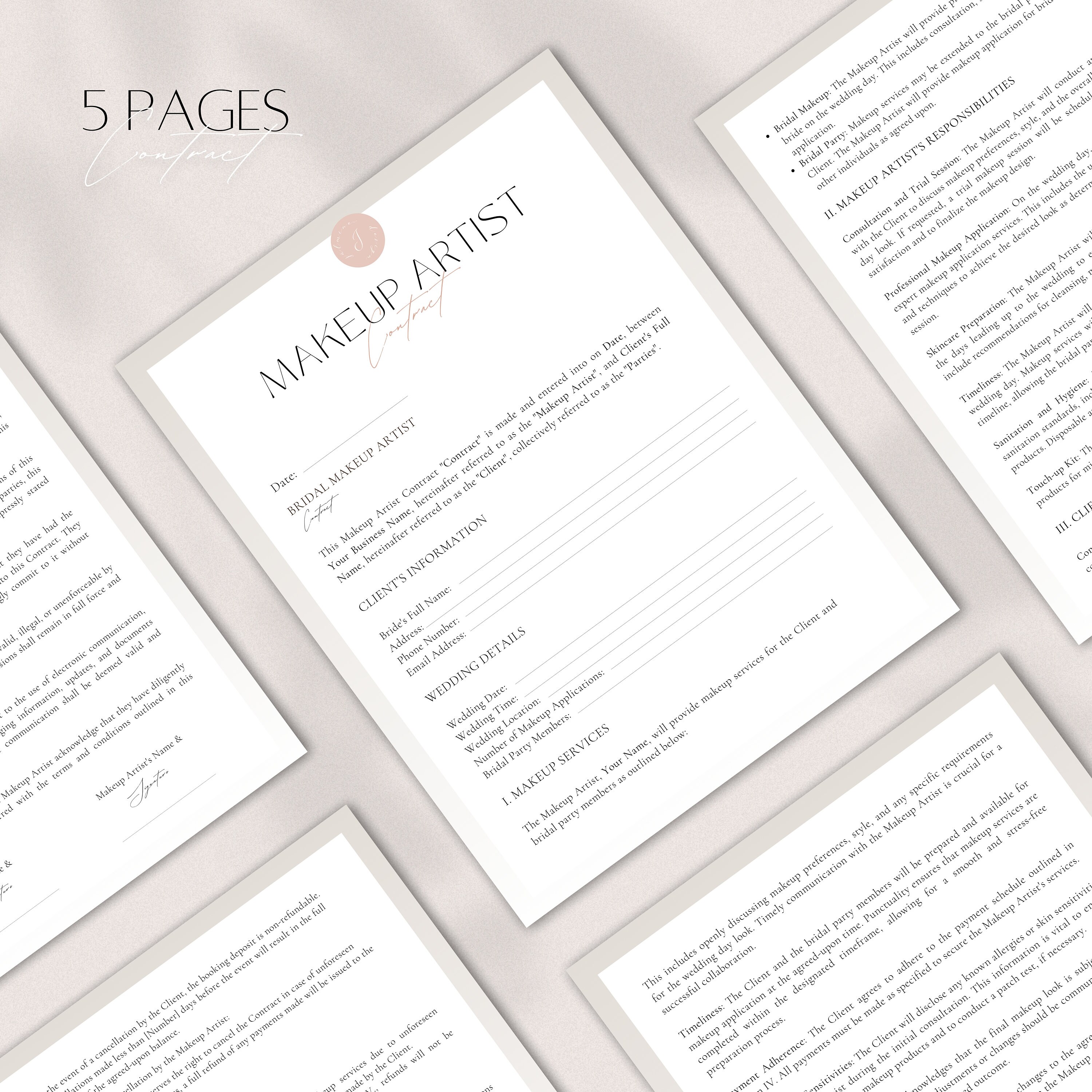 Bridal Makeup Artist Contract Template, Elegant Client Agreement, 5 Page Makeup Business ...