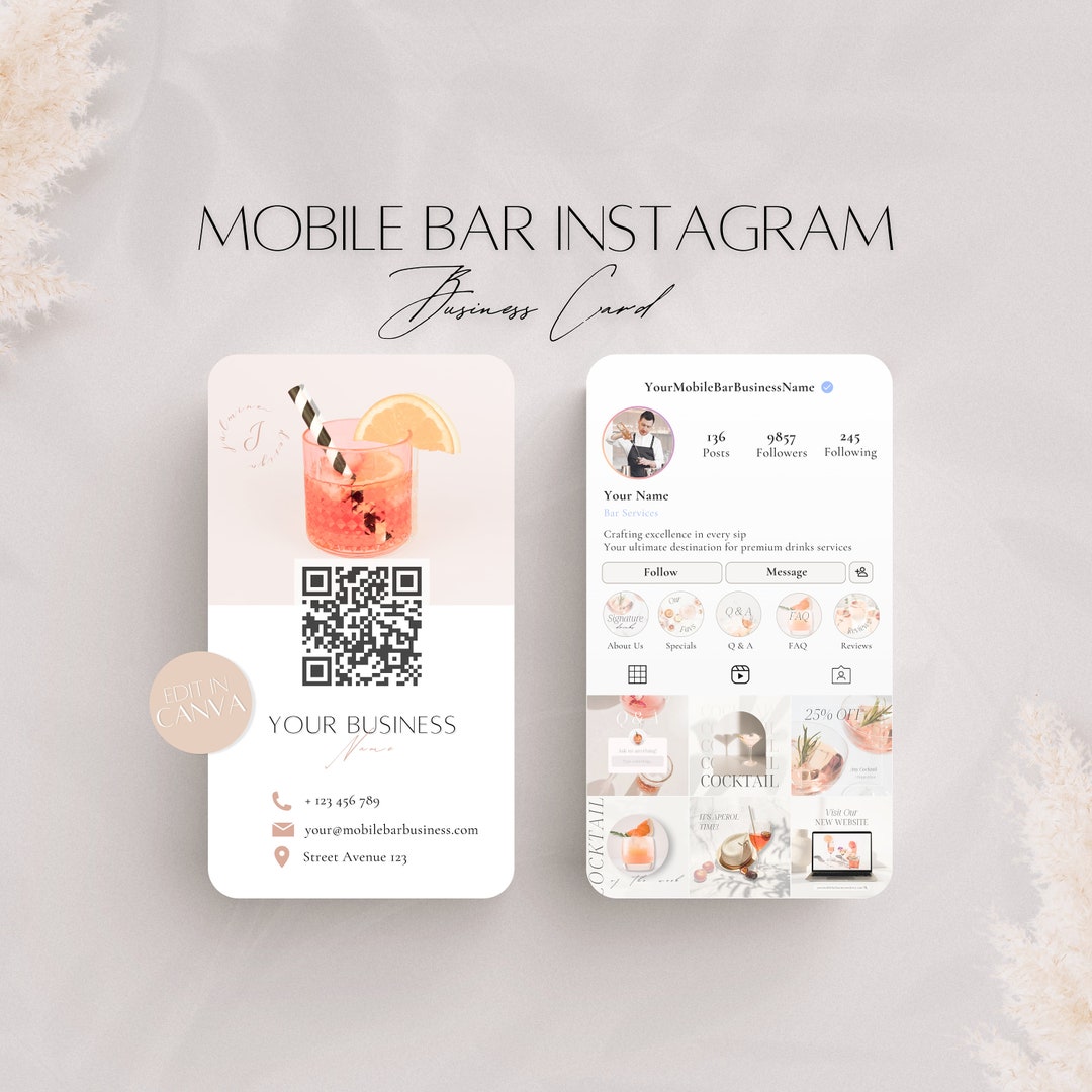 Mobile Bar Instagram Business Card Template, Editable Bartender Details ...