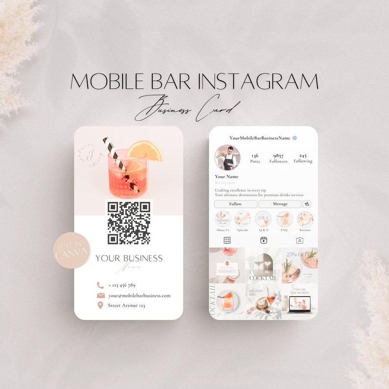 Mobile Bar Instagram Business Card Template, Editable Bartender Details ...