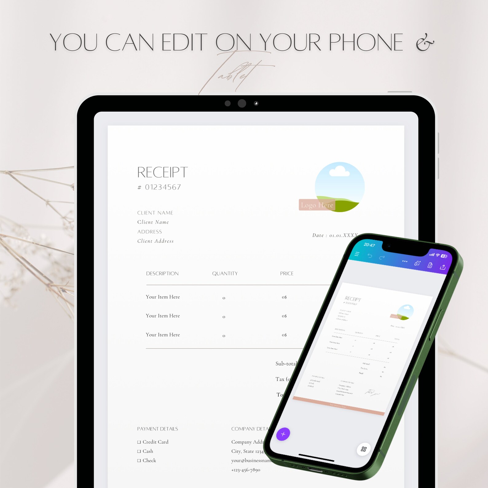 Receipt Template, Editable Receipt for Clients, Printable Billing Form ...