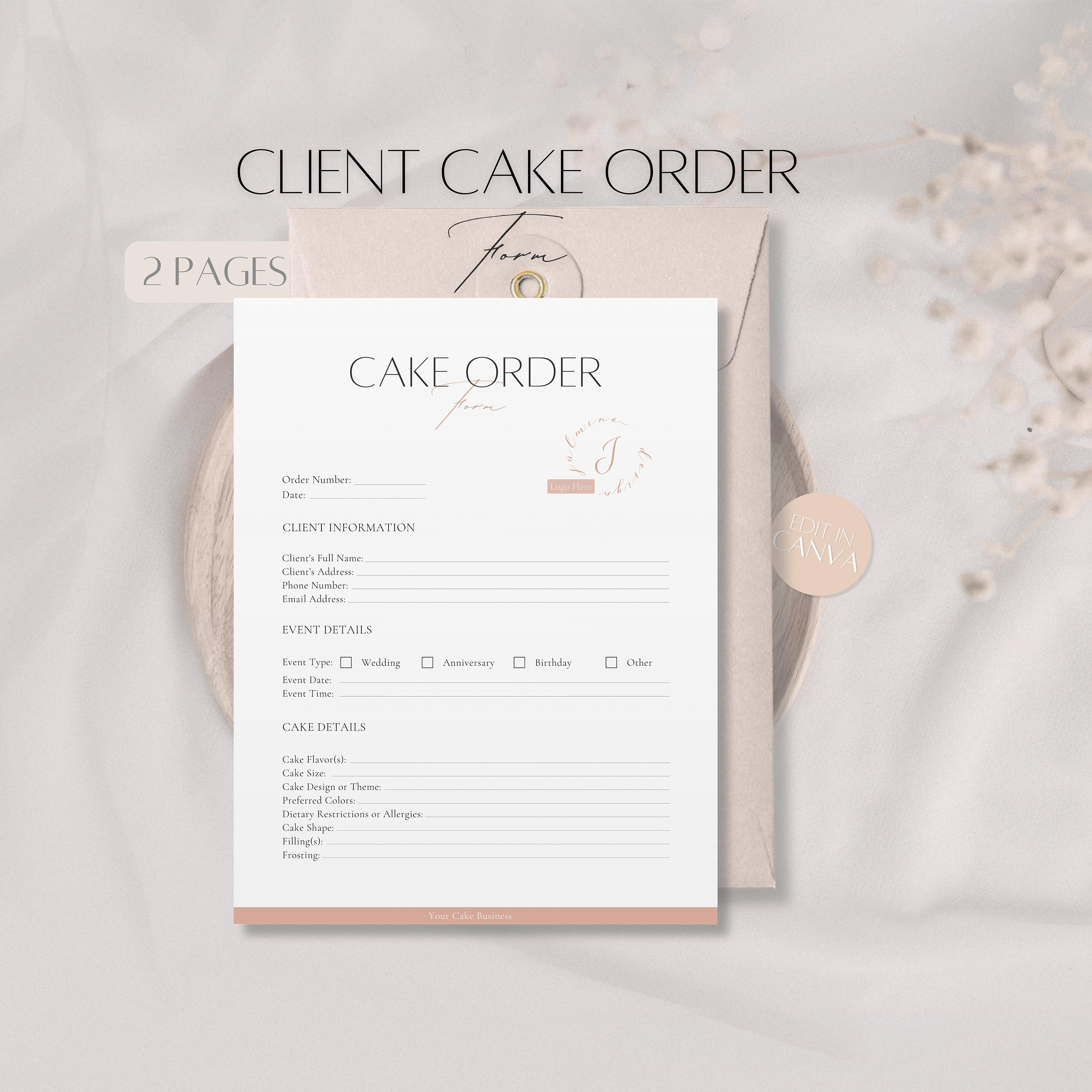 Client Cake Order Form, Editable, Printable Bakery Order Worksheet ...