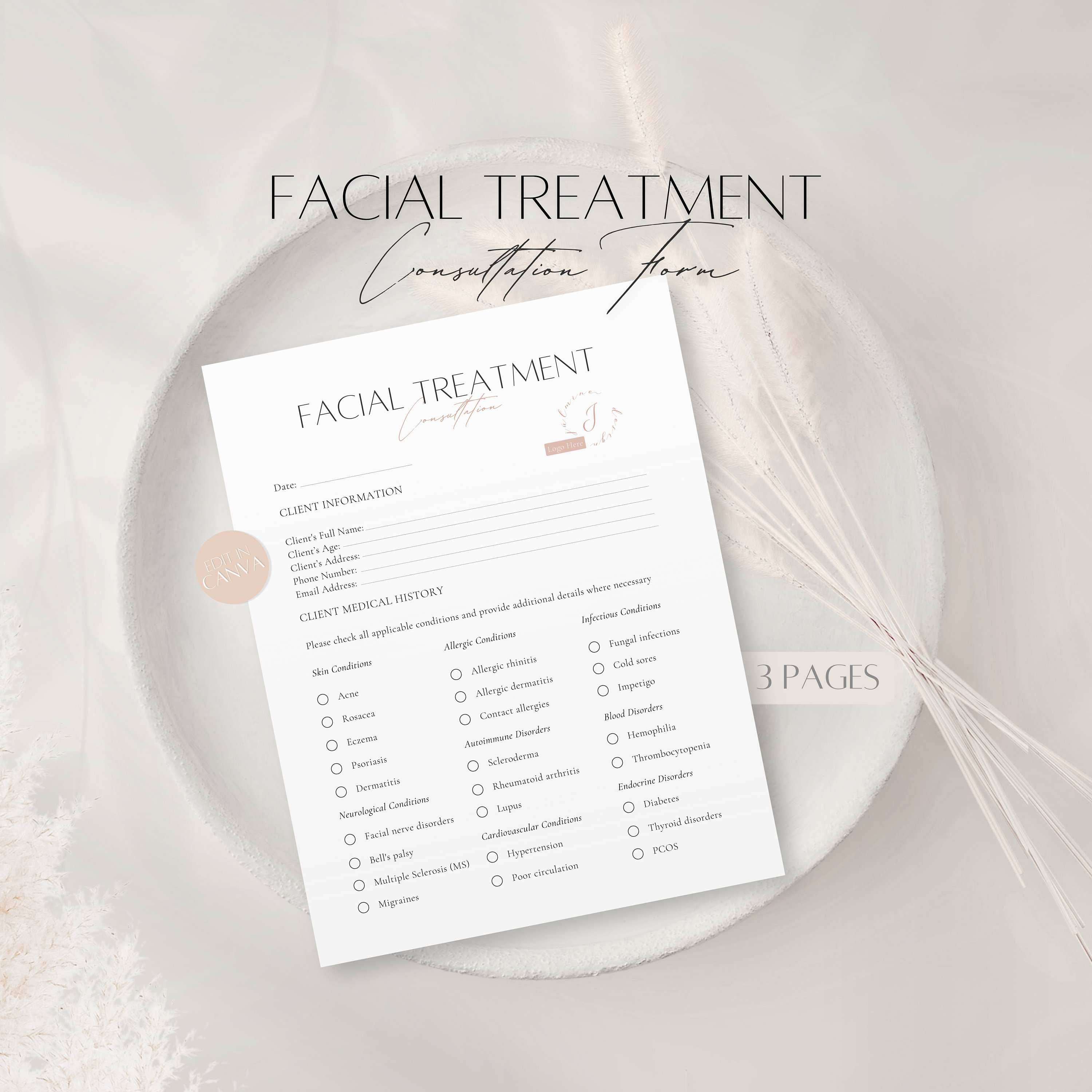 Facial Treatment Consultation Form, Editable Beauty Salon Service ...