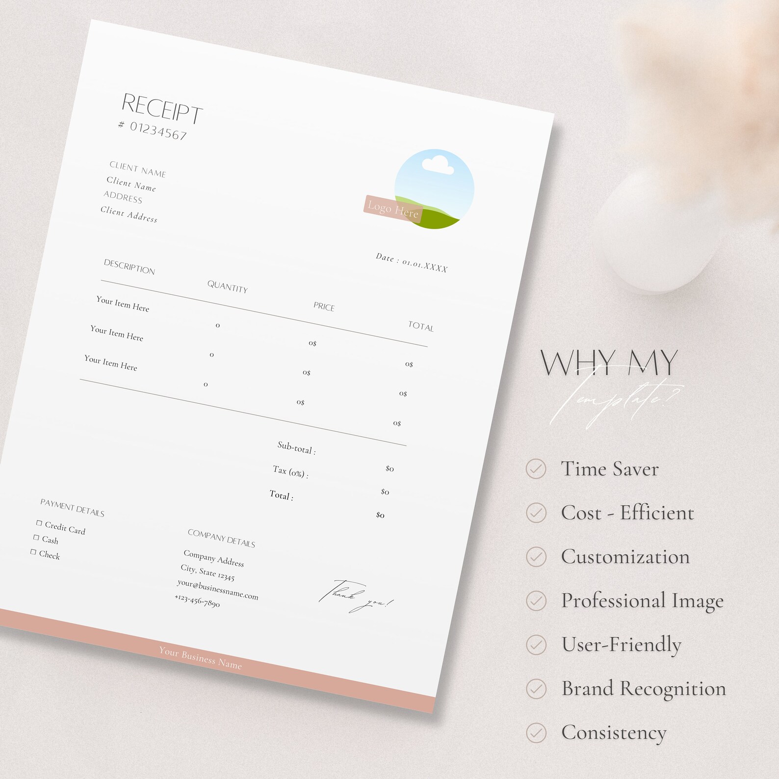 Receipt Template, Editable Receipt for Clients, Printable Billing Form ...