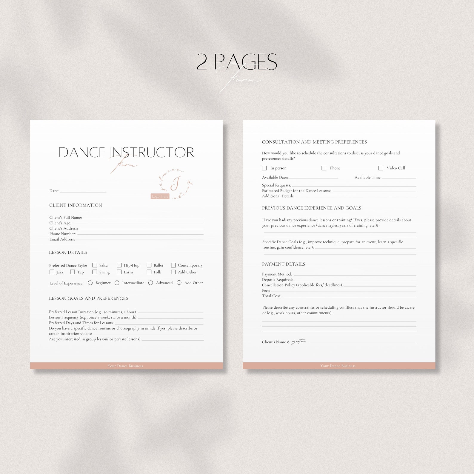 Dance Instructor Consultation Form Template, Editable Client ...