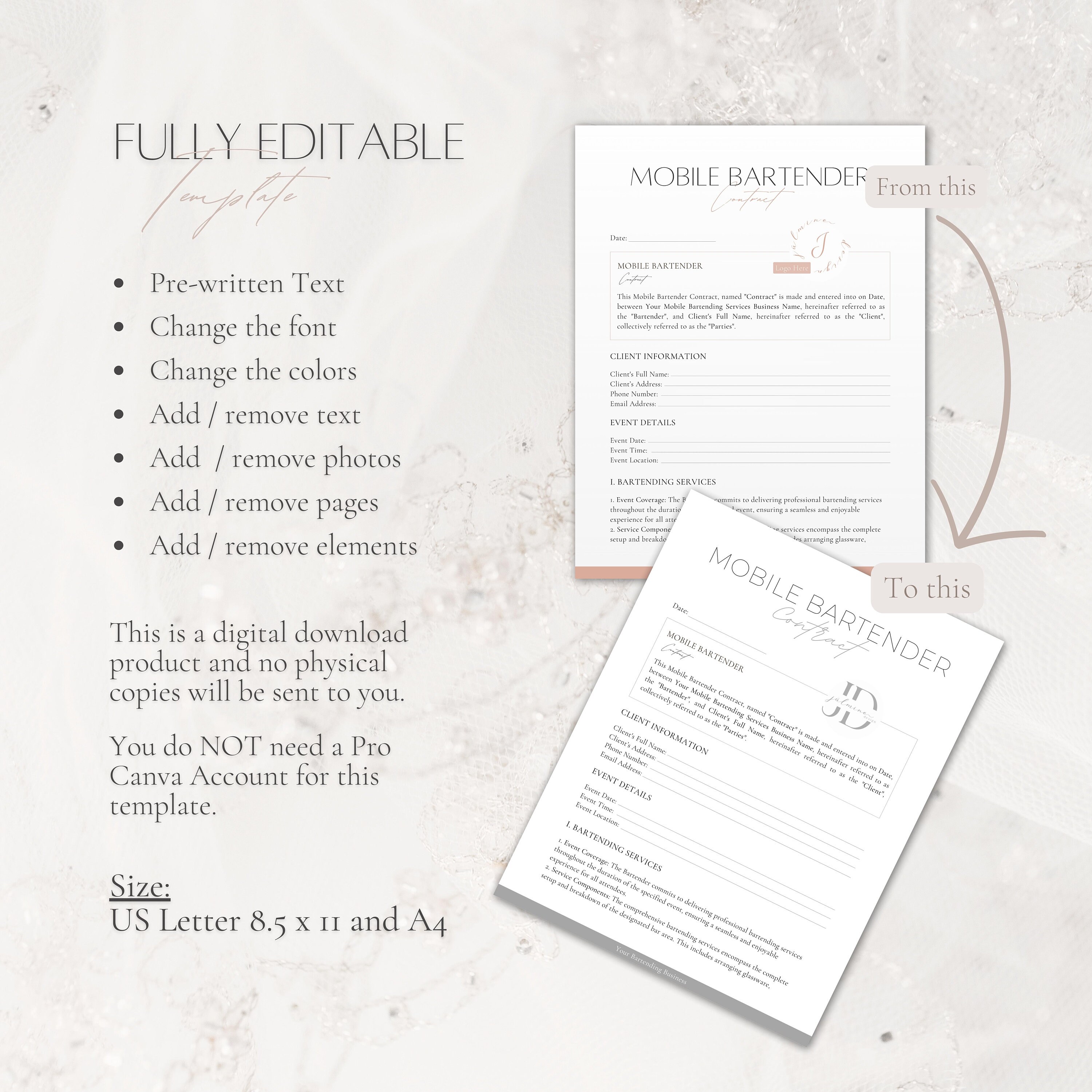 Mobile Bar Contract Template, Editable Bartender Services Canva Form ...
