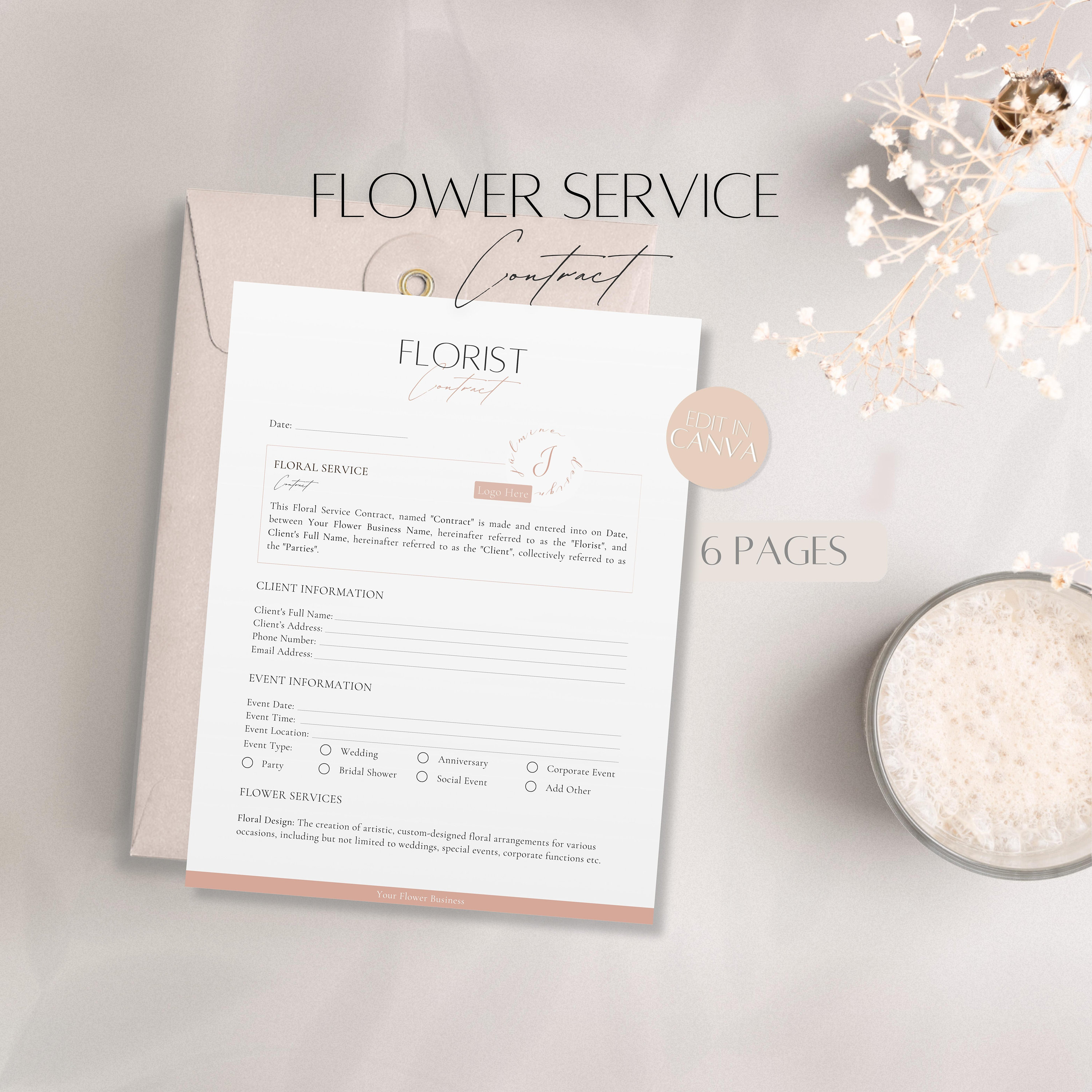 Flower Service Contract Template, Editable Floral Business Canva Forms ...
