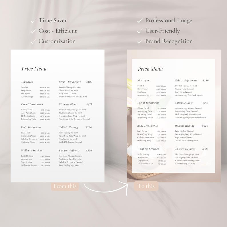 Spa & Wellness Price List Template, Editable Beauty Services Pricing ...