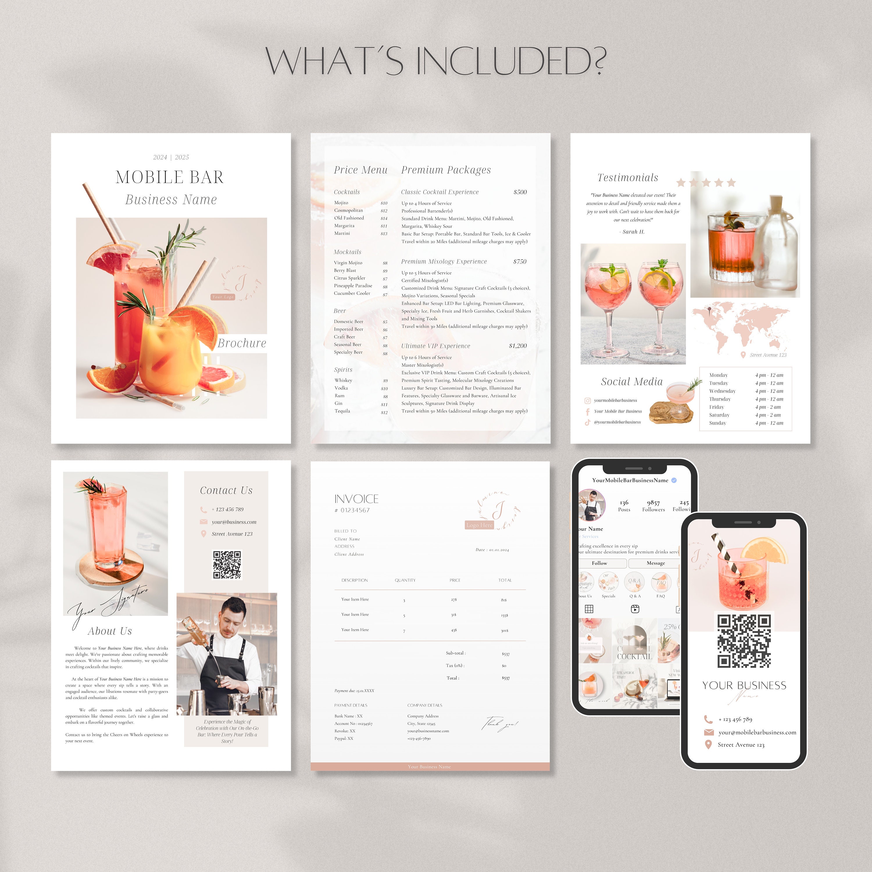 Mobile Bar Brochure Template, Editable Bartender Instagram Business Card, Bar Services Two Fold ...