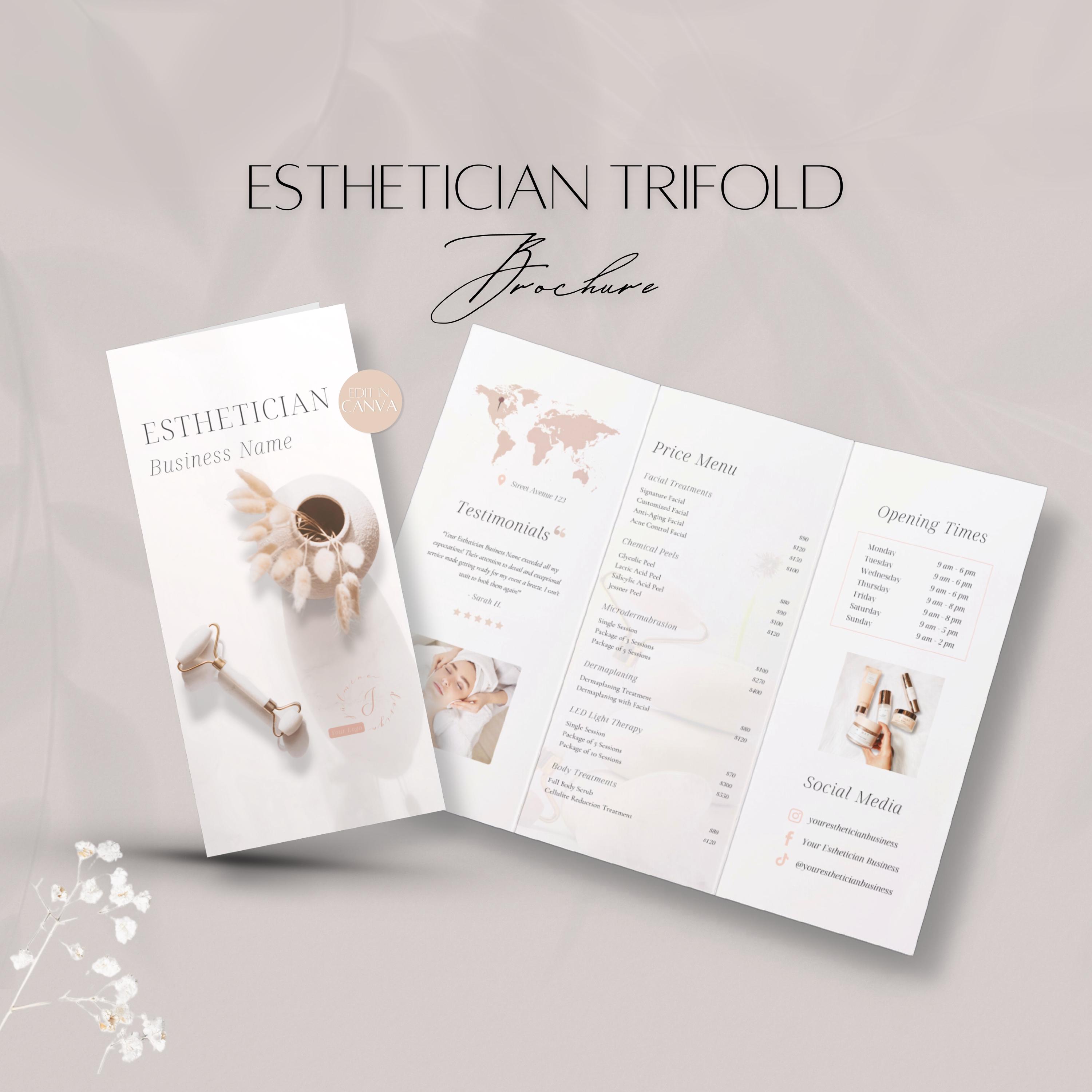 Esthetician Trifold Brochure Template, Editable Beauty Expert File ...
