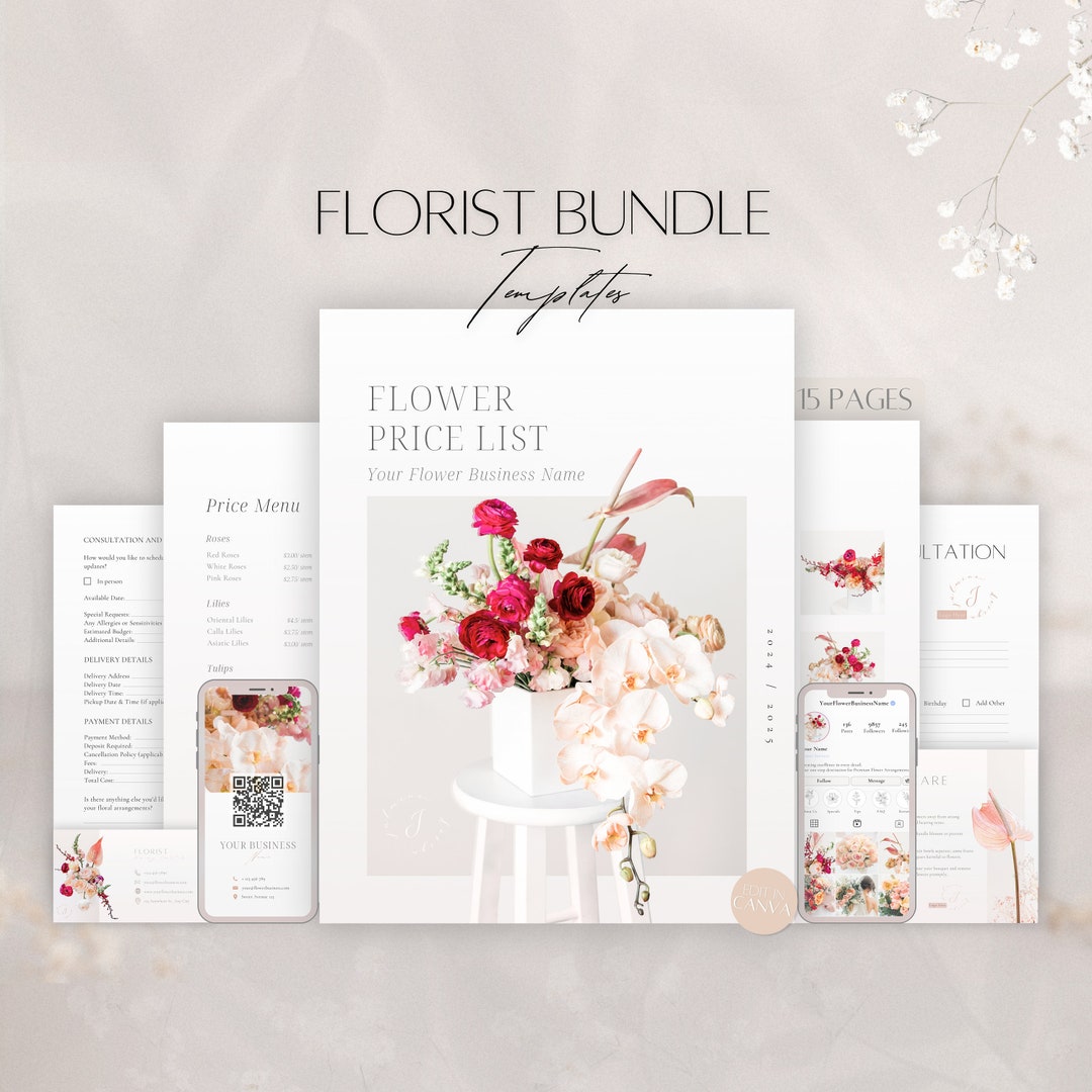Florist Templates Bundle, Editable Flowers Pricing List, Custom Client ...