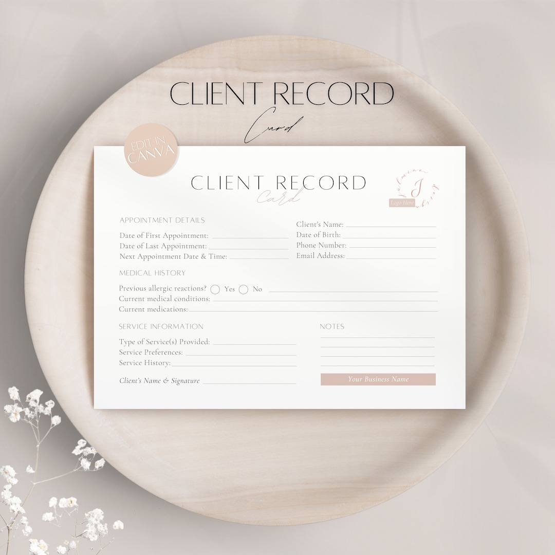Client Record Card Template, Editable Client Service Appointment ...