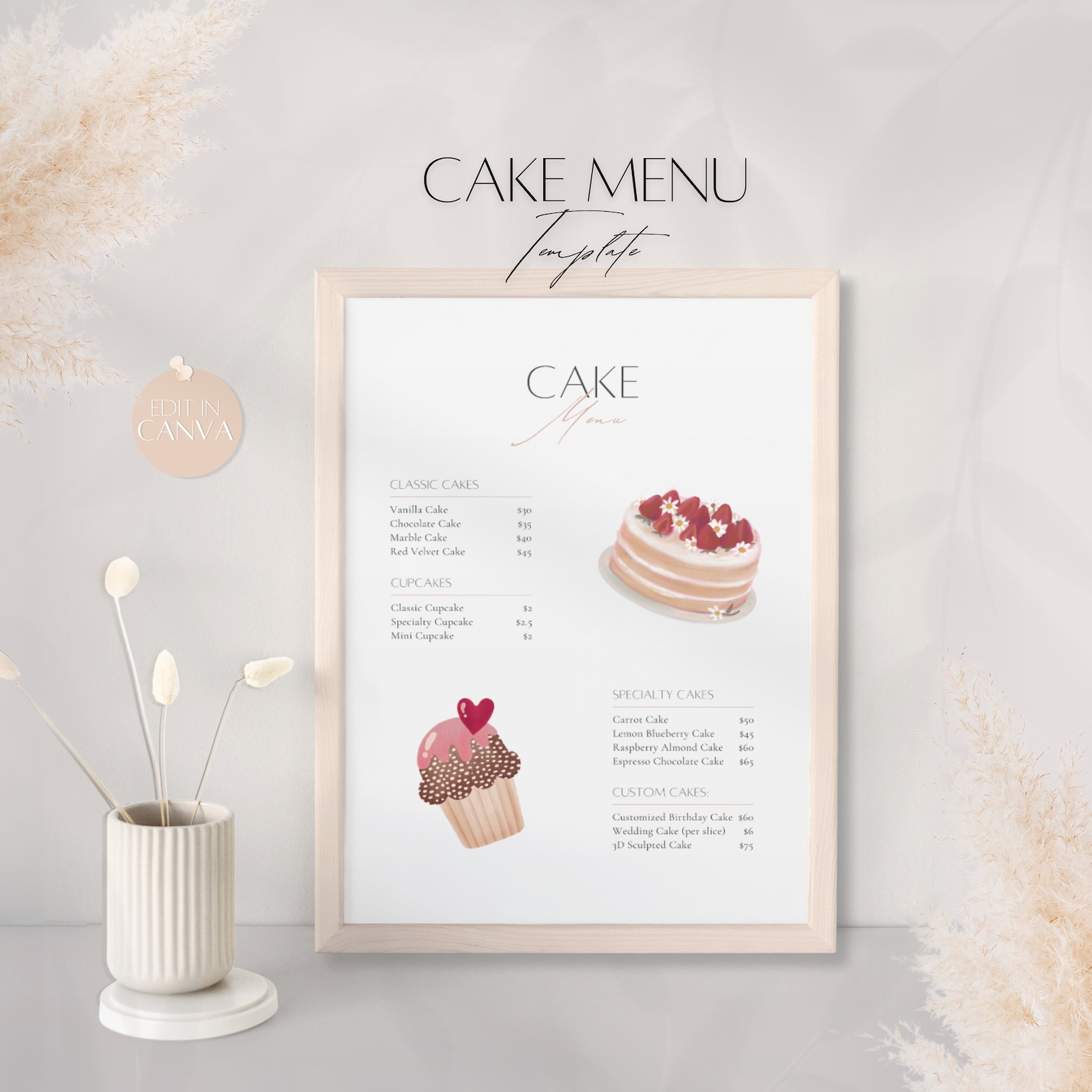 Cake Menu Template, Editable Cupcake Pricing List, Professional Client ...