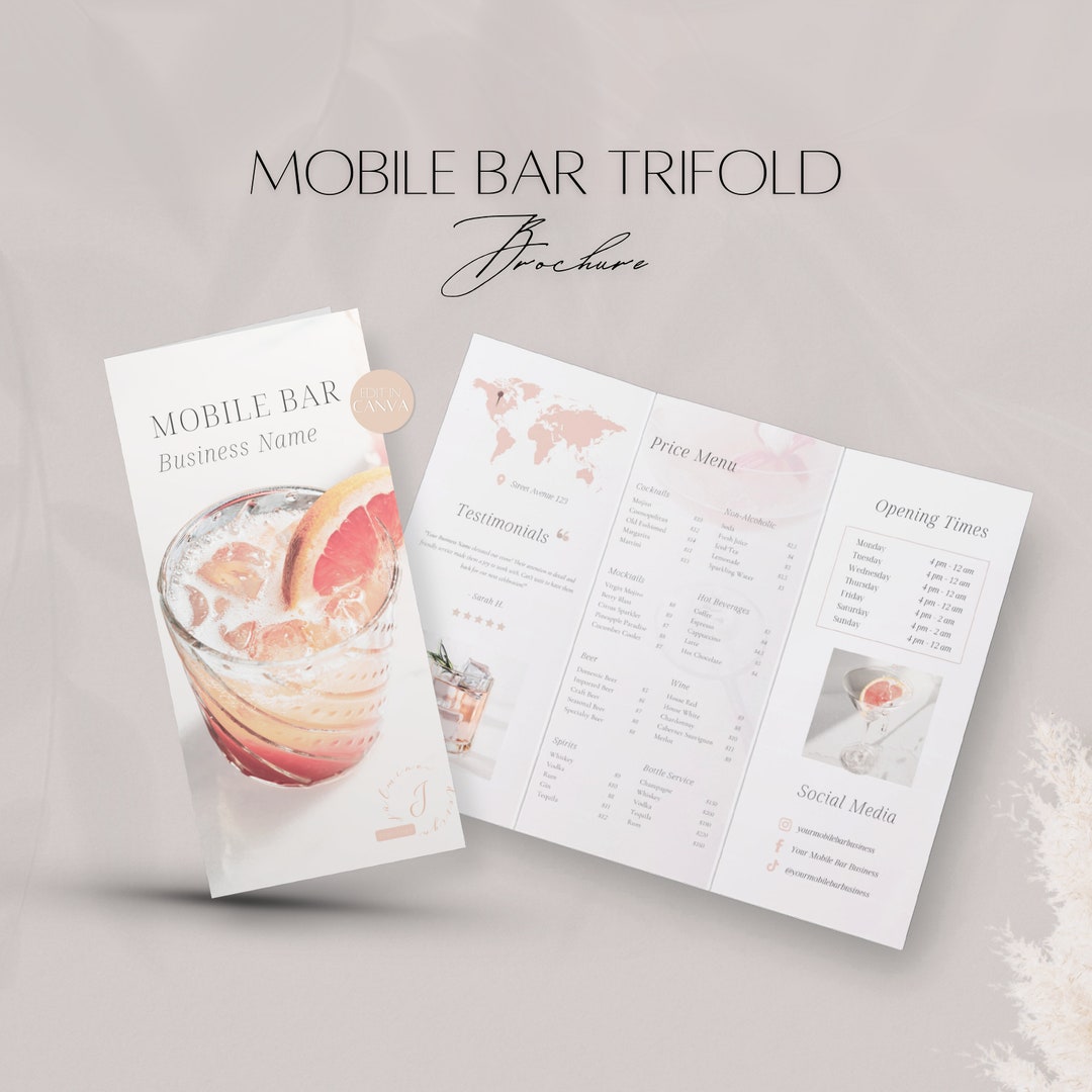 Mobile Bar Trifold Brochure Template, Editable Bartender Services ...
