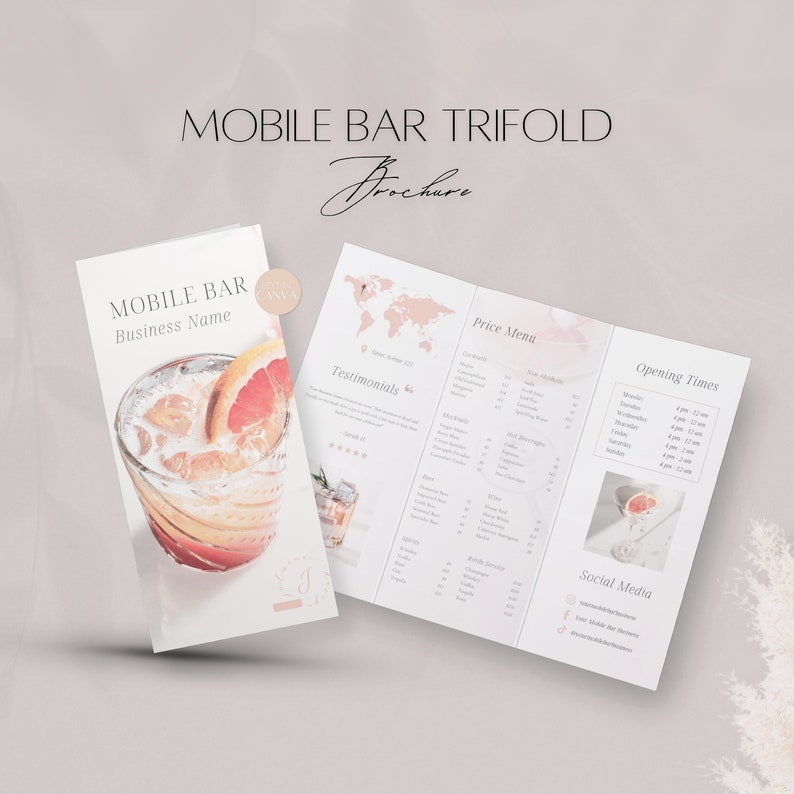 Mobile Bar Trifold Brochure Template, Editable Bartender Services ...