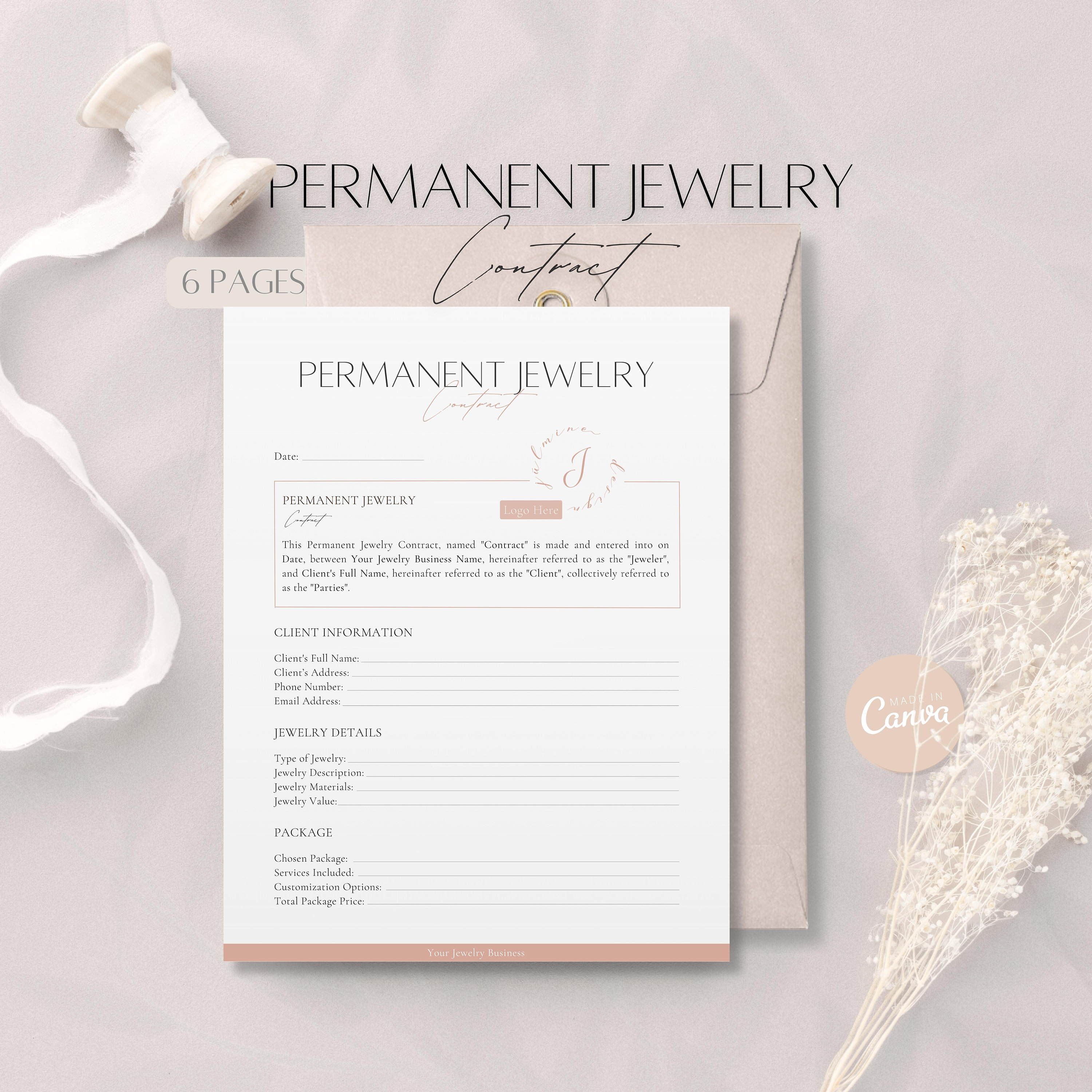 Permanent Jewelry Contract Template, Editable Jewelry Business Contract ...