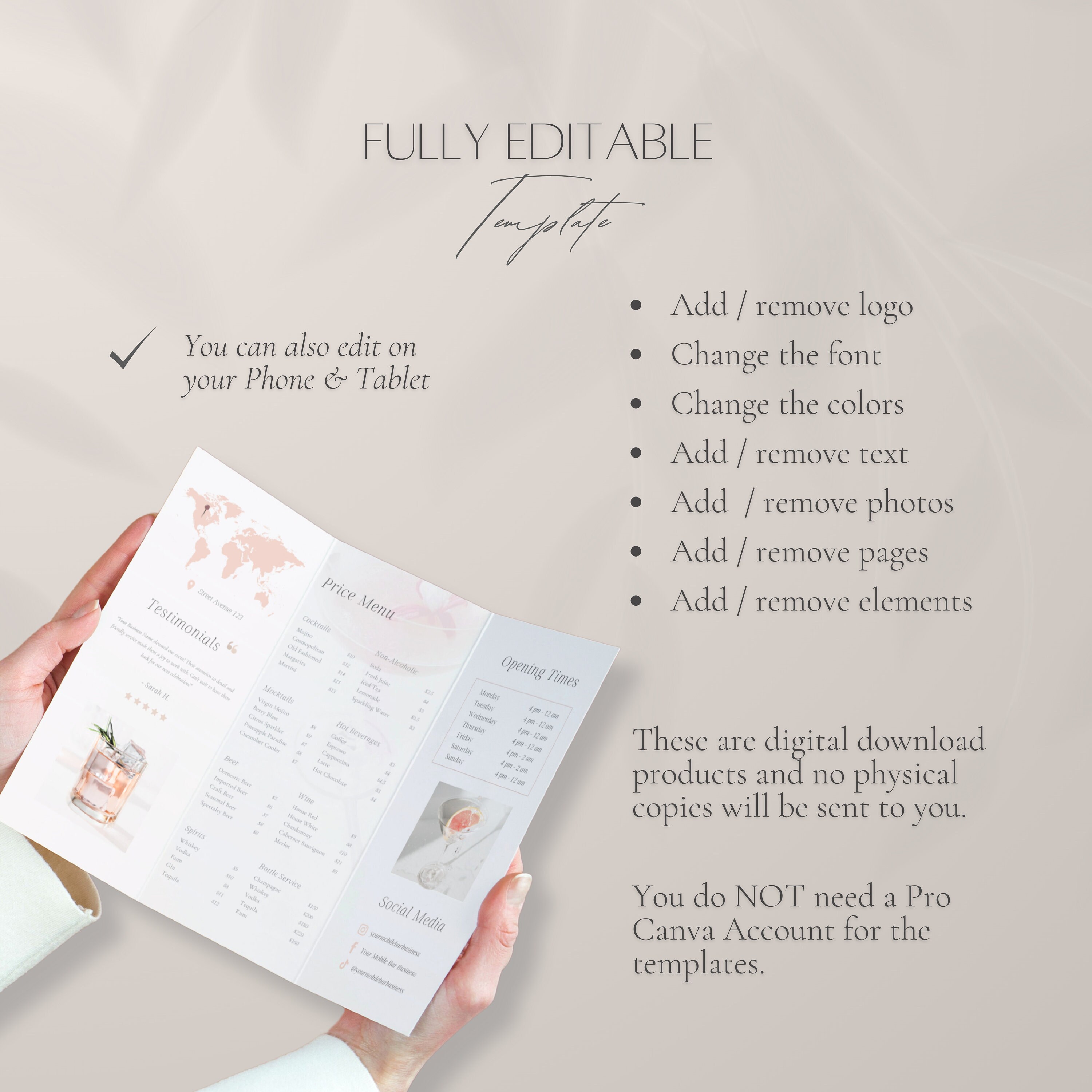 Mobile Bar Trifold Brochure Template, Editable Bartender Services ...