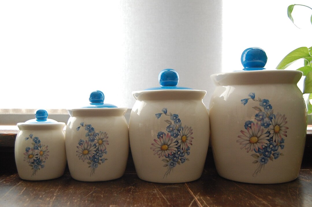 Vintage Blue & White Ceramic Kitchen Canister Set With A Floral Motif ...