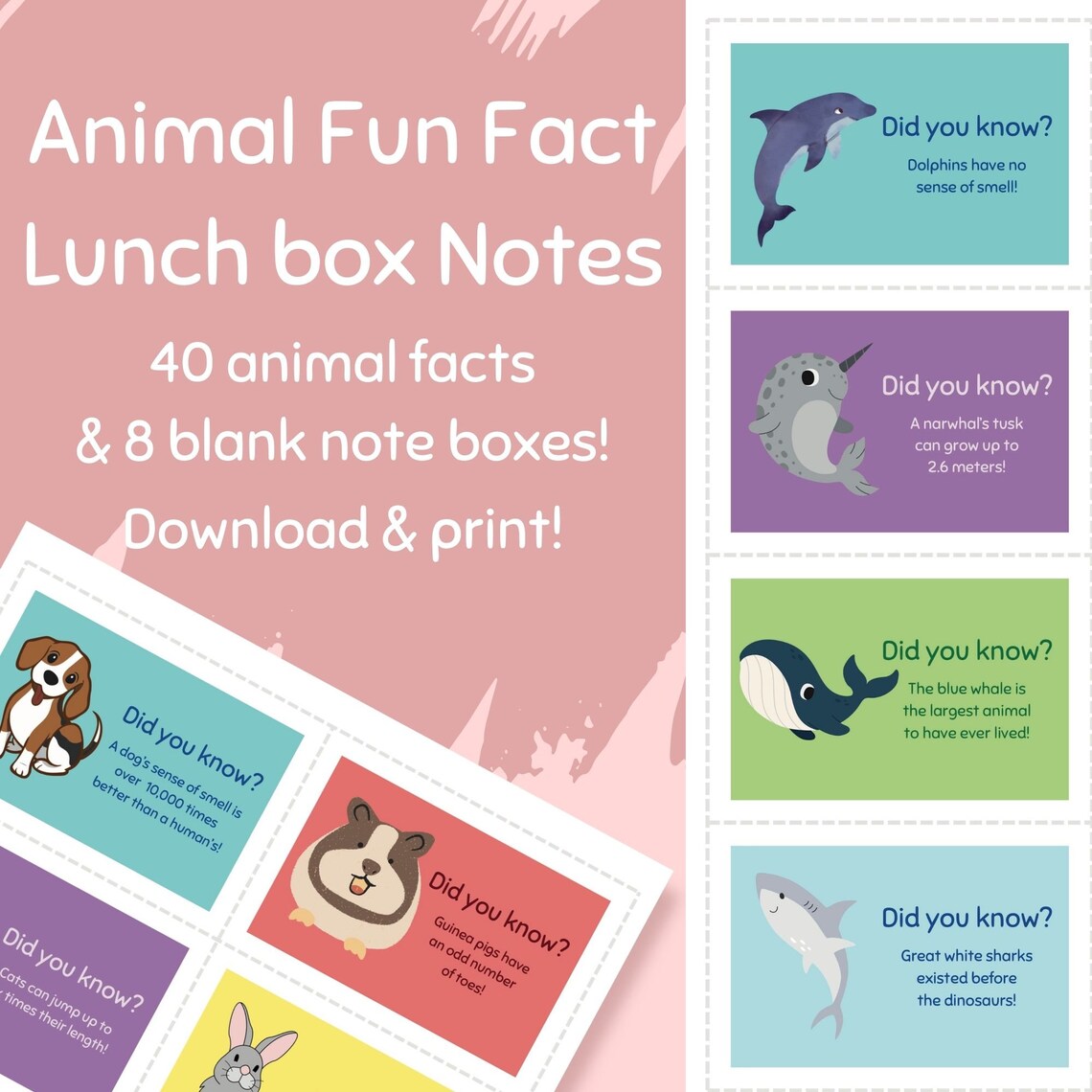 40 Printable Animal Fun Facts Lunch Box Notes for Kids, Printable ...