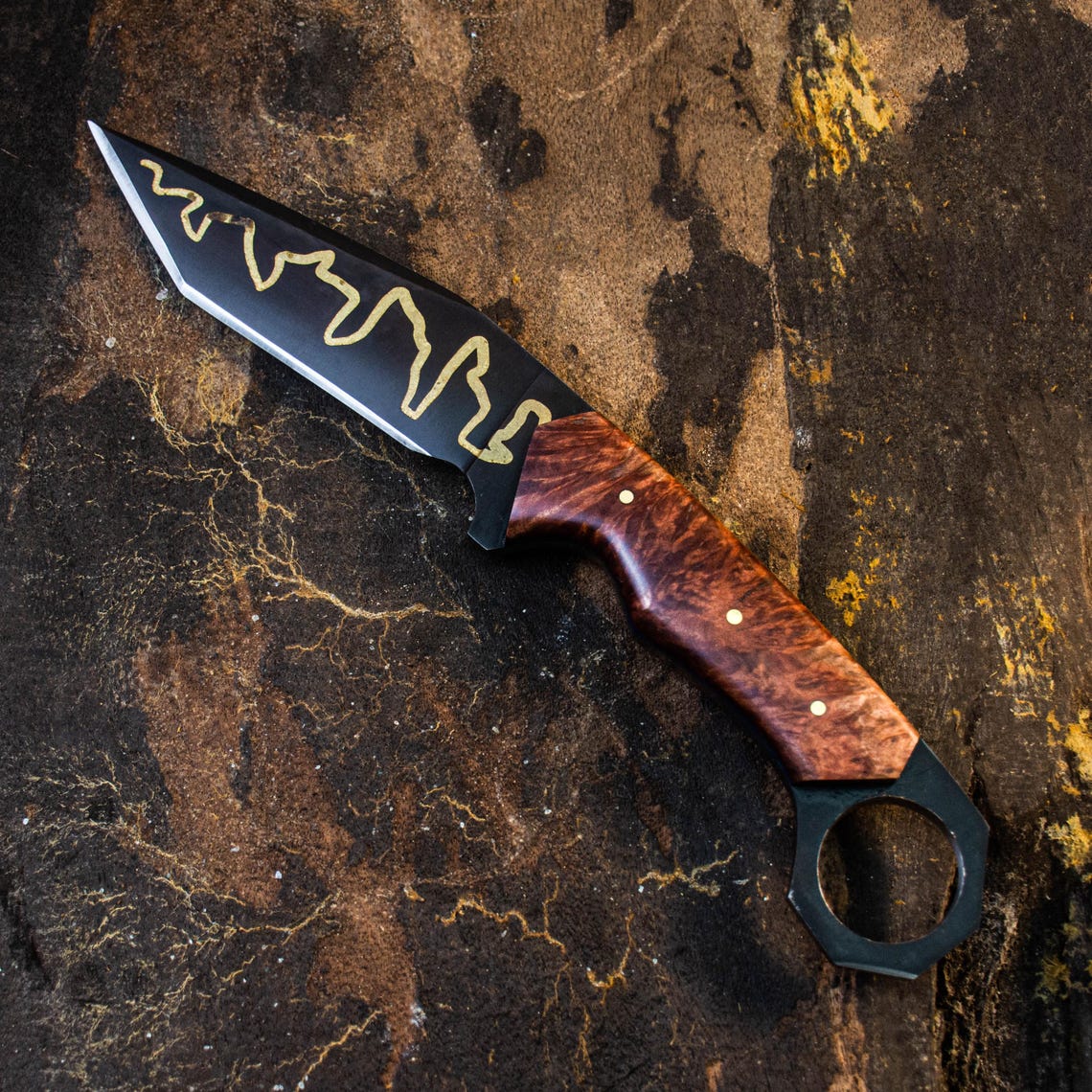 Handmade Full Tang Hunting Knife: Polished Blade, Copper Line, Burl ...