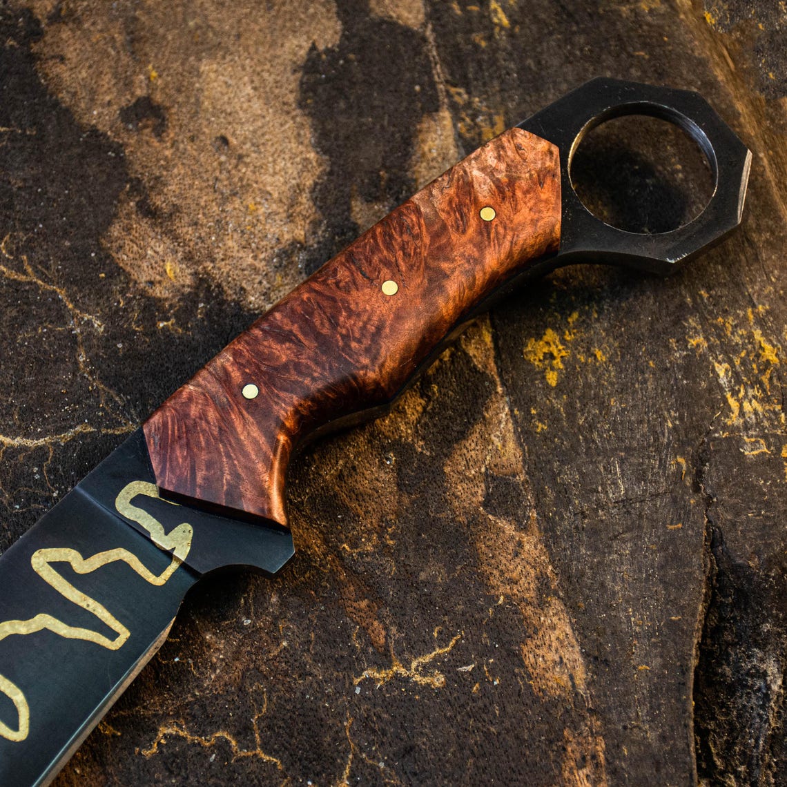 Handmade Full Tang Hunting Knife: Polished Blade, Copper Line, Burl ...