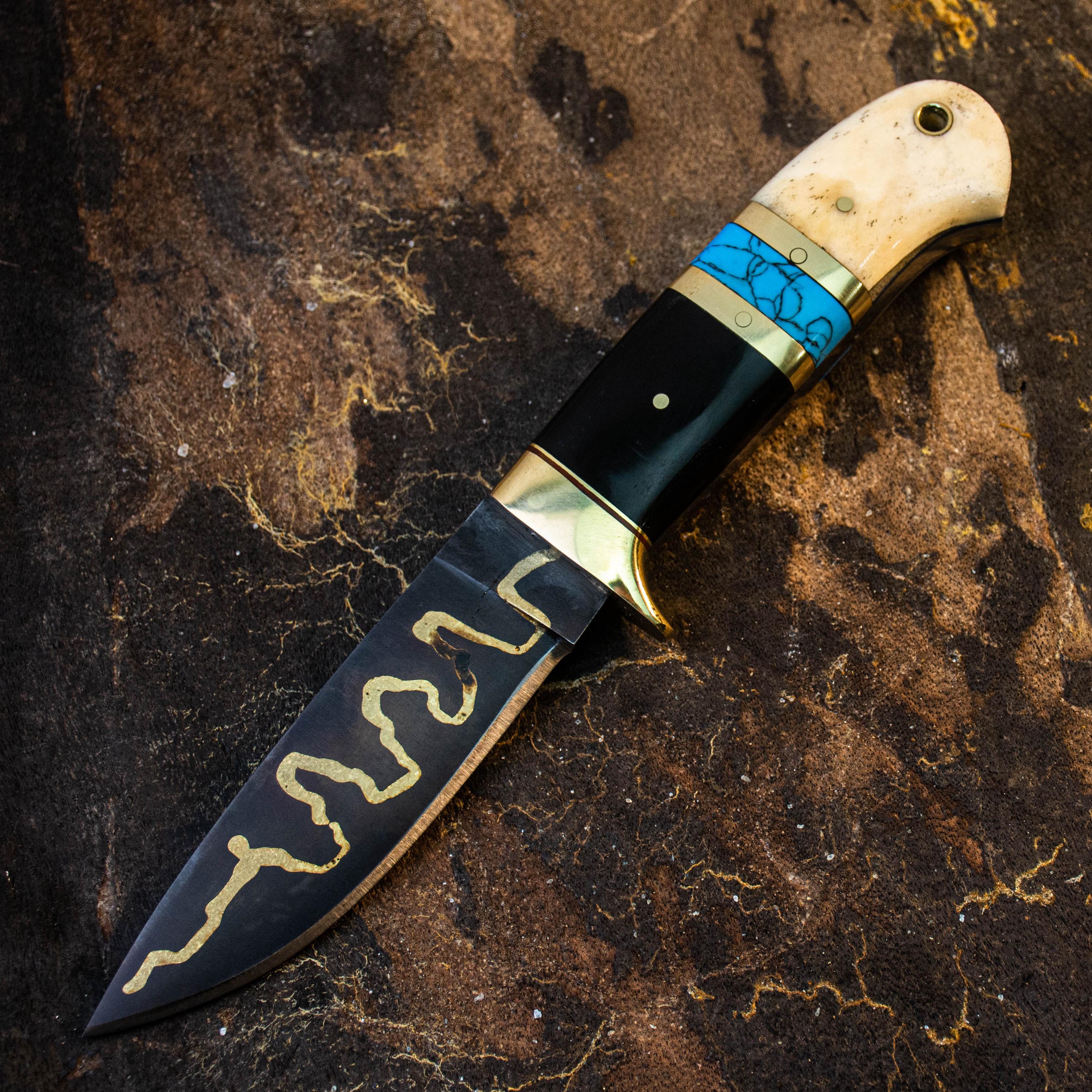 Handmade Hunting Knife: Copper Line, Full Tang, Cow Leather Sheath - Etsy