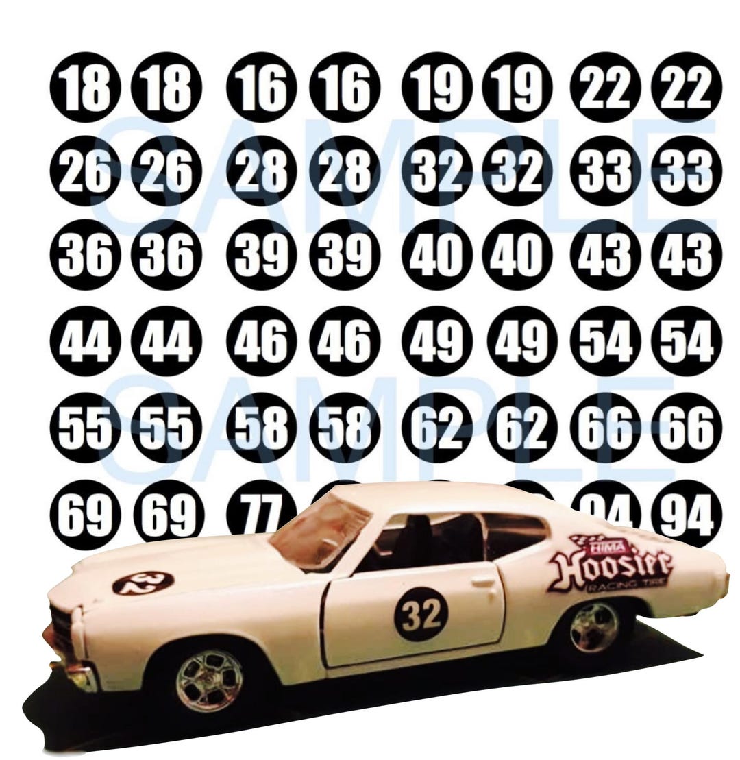 1/64, 1/43, 1/32 or 1/24 Scale Black & White Racing Numbers Water Slide ...