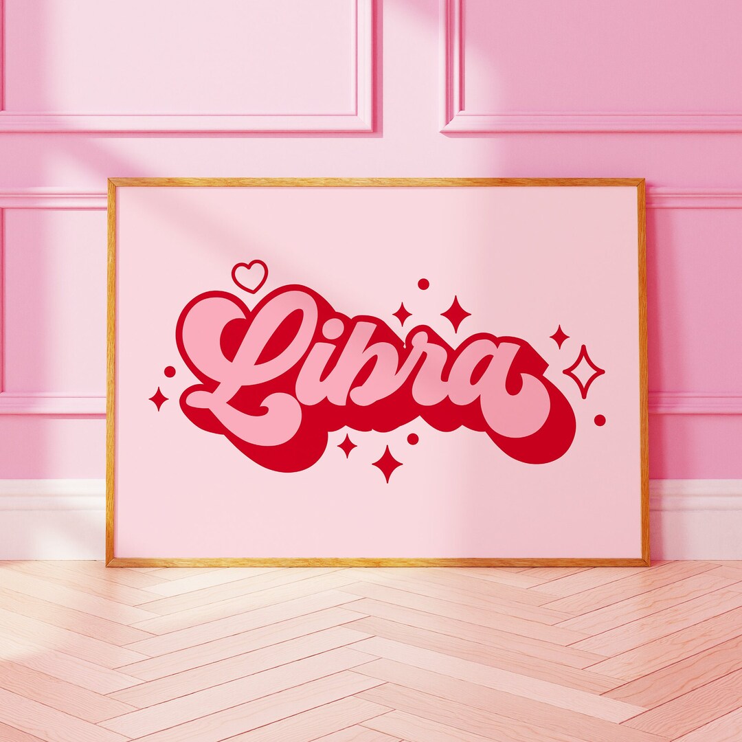Libra Zodiac Star Sign Print Wall Art Retro Typography Pink Home Decor ...