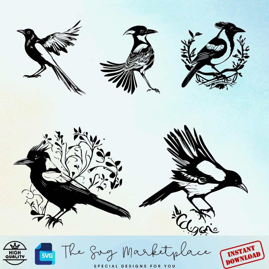 Magpie SVG Bundle 5 Unique Designs for T-shirt & Cup Printing, Perfect ...