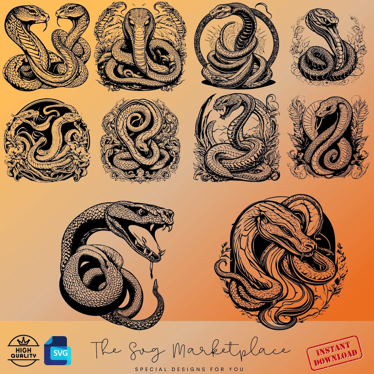 Cobra Snake SVG Bundle, Tribal Snake SVG Pack, Venomous Reptile SVG ...