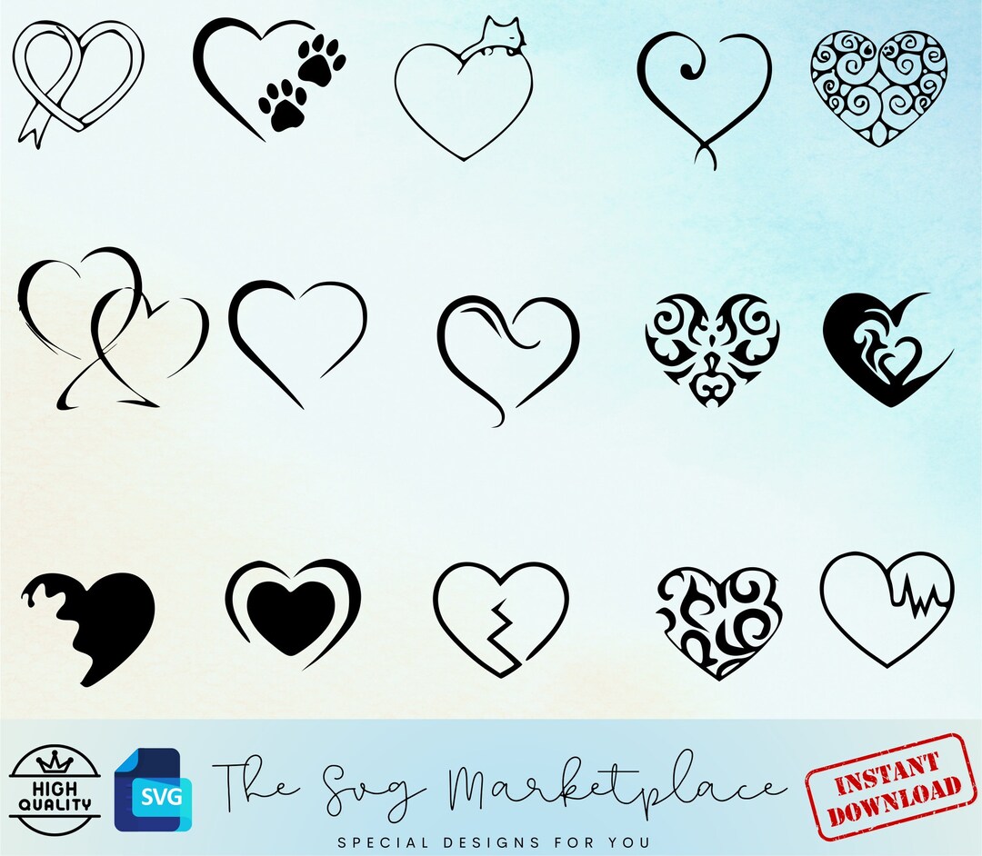30 Pieces Hearts Svg and Png Files, Beautifully Crafted Heart Designs ...