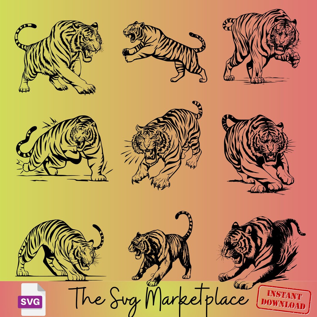Attacking Tiger SVG Bundle | Fierce Animal Silhouettes (digital ...