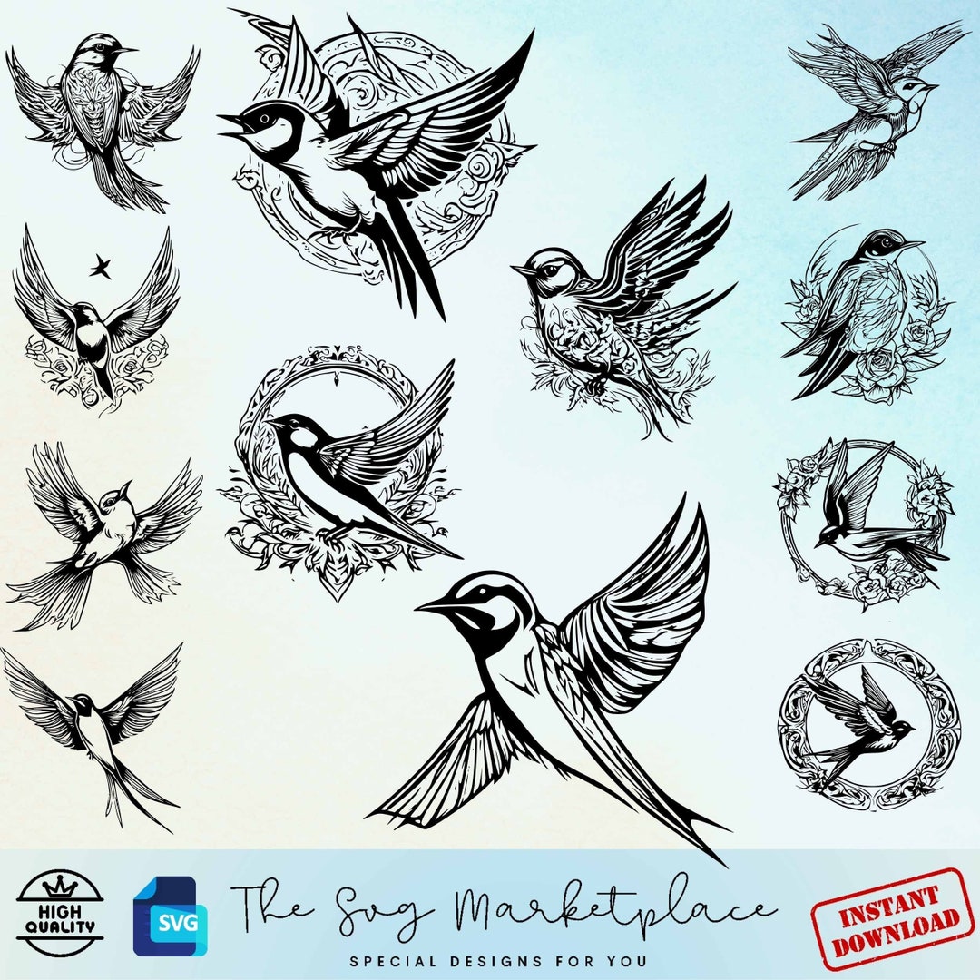 Swallow Bird SVG & PNG Bundle - 12 Tattoo Design Illustrations, Perfect ...