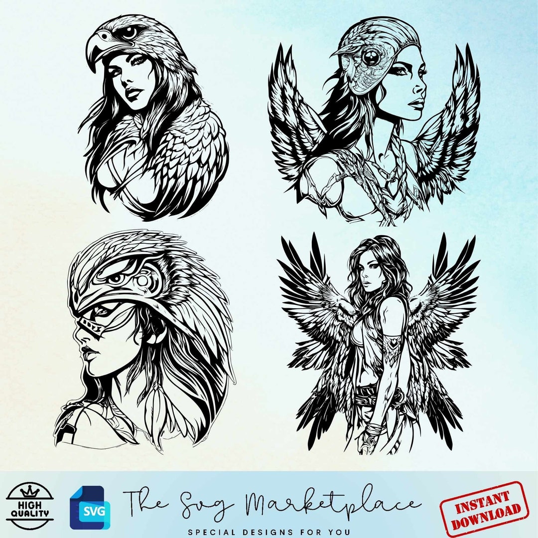 Hawk Woman Silhouette SVG Bundle 5 Majestic Female Figures With Hawk ...