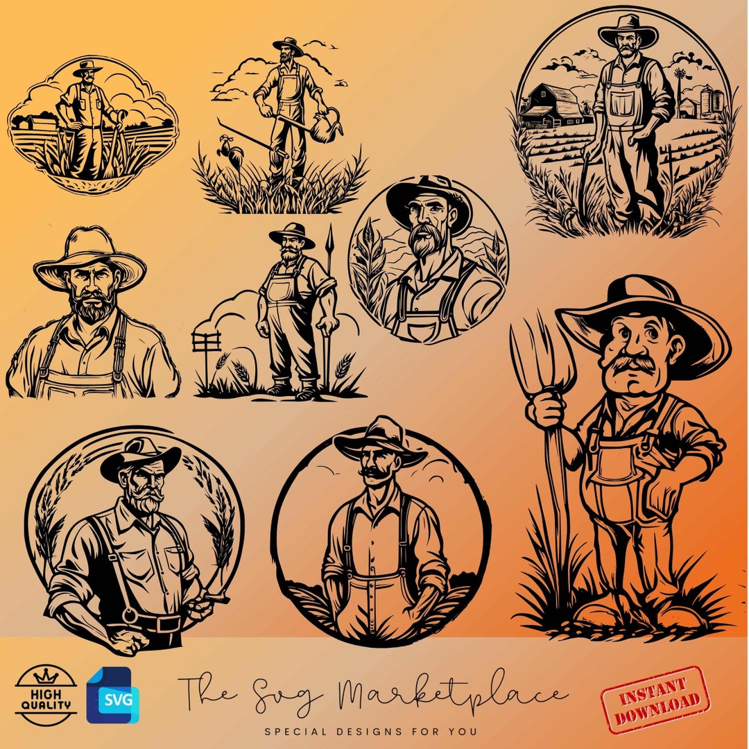 Farmer SVG & PNG Bundle, 9 Rustic Farmer Designs, Digital Files for ...