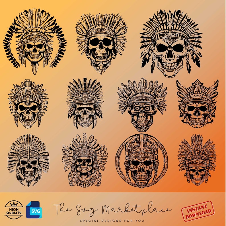 11 Aztec Warrior Skull Designs , Digital SVG ,PNG, Perfect Gift for War ...