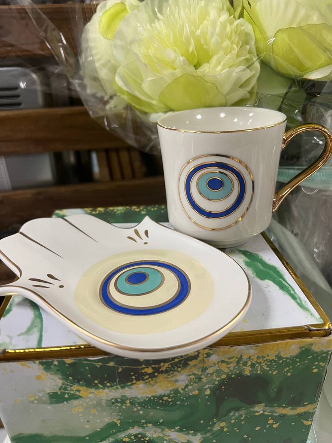 Evil Eye Ceramic Coffee Cups and Plates Set, Cute Hamsa Cup and Saucer ...