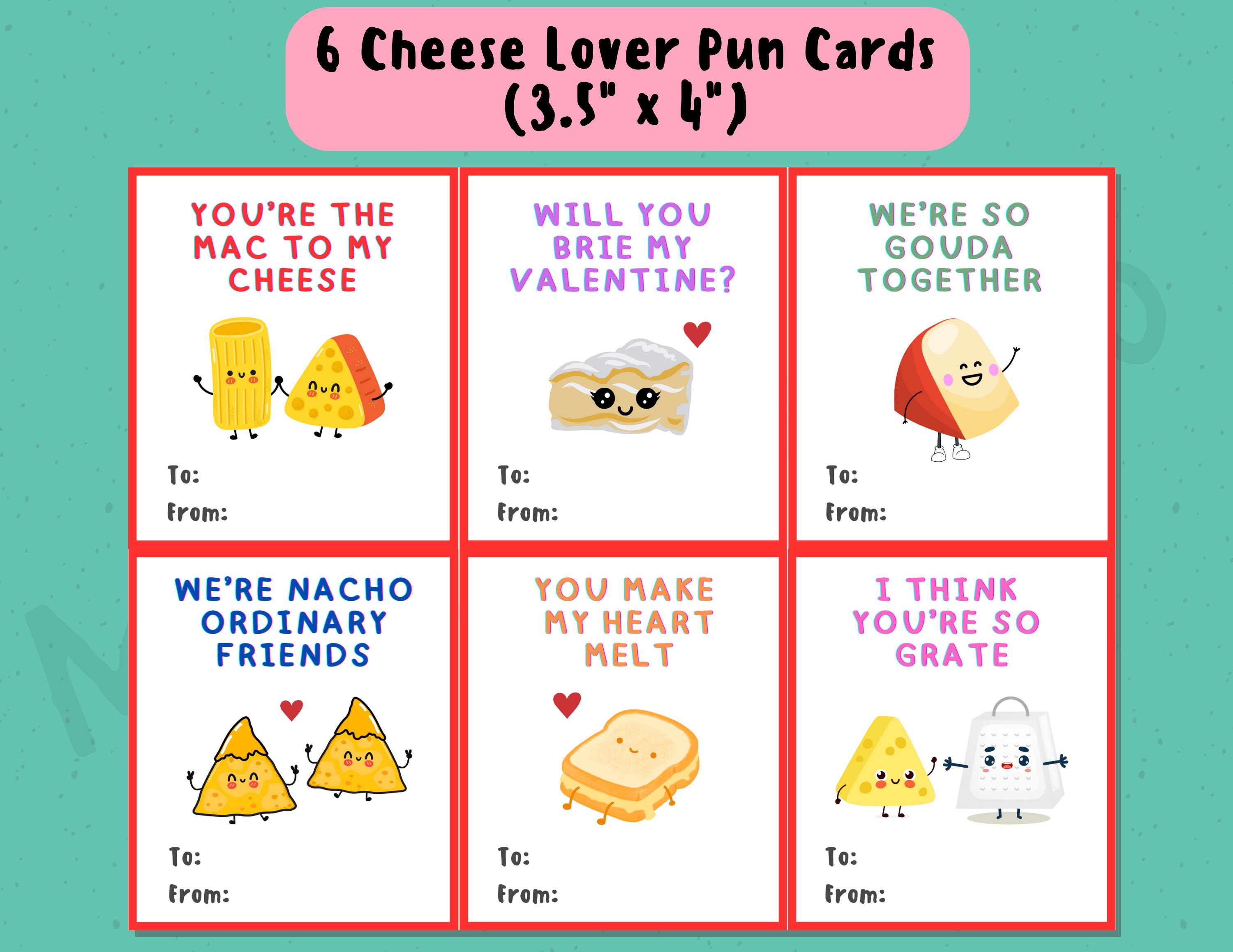 Printable Cute Cheese Pun Valentine's Day Card 6 Designs, Food Puns ...